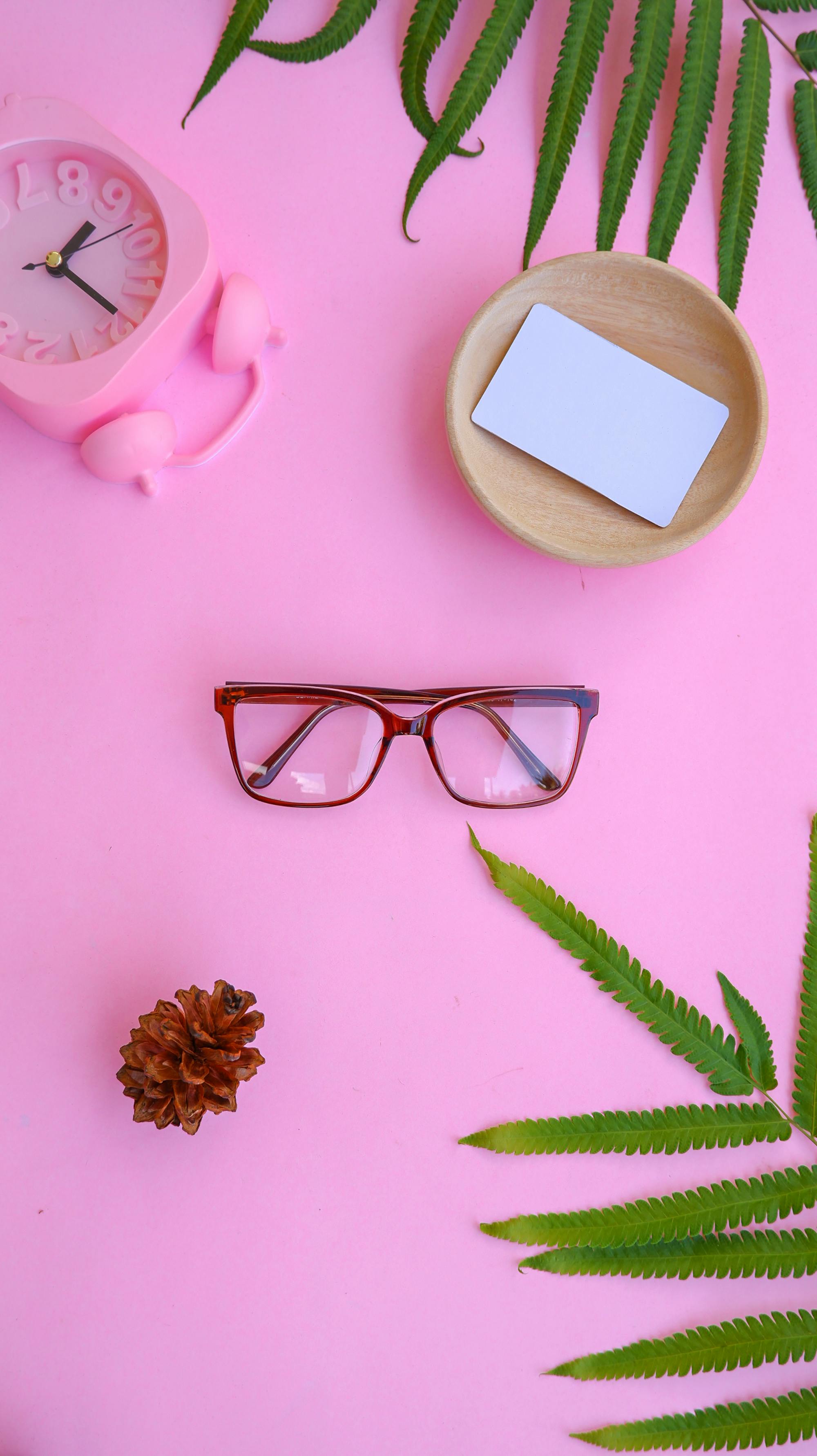 Eyeglasses and Green Leaves on Pink Background · Free Stock Photo