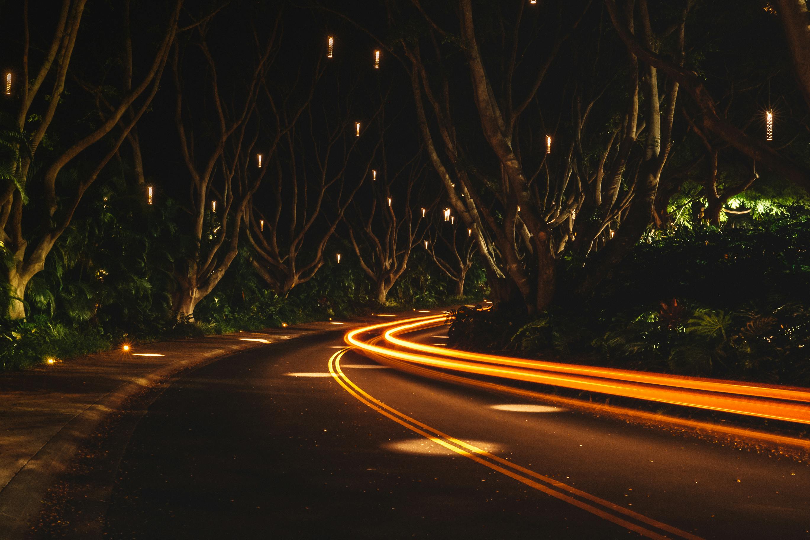 An Illuminated Road at Night · Free Stock Photo