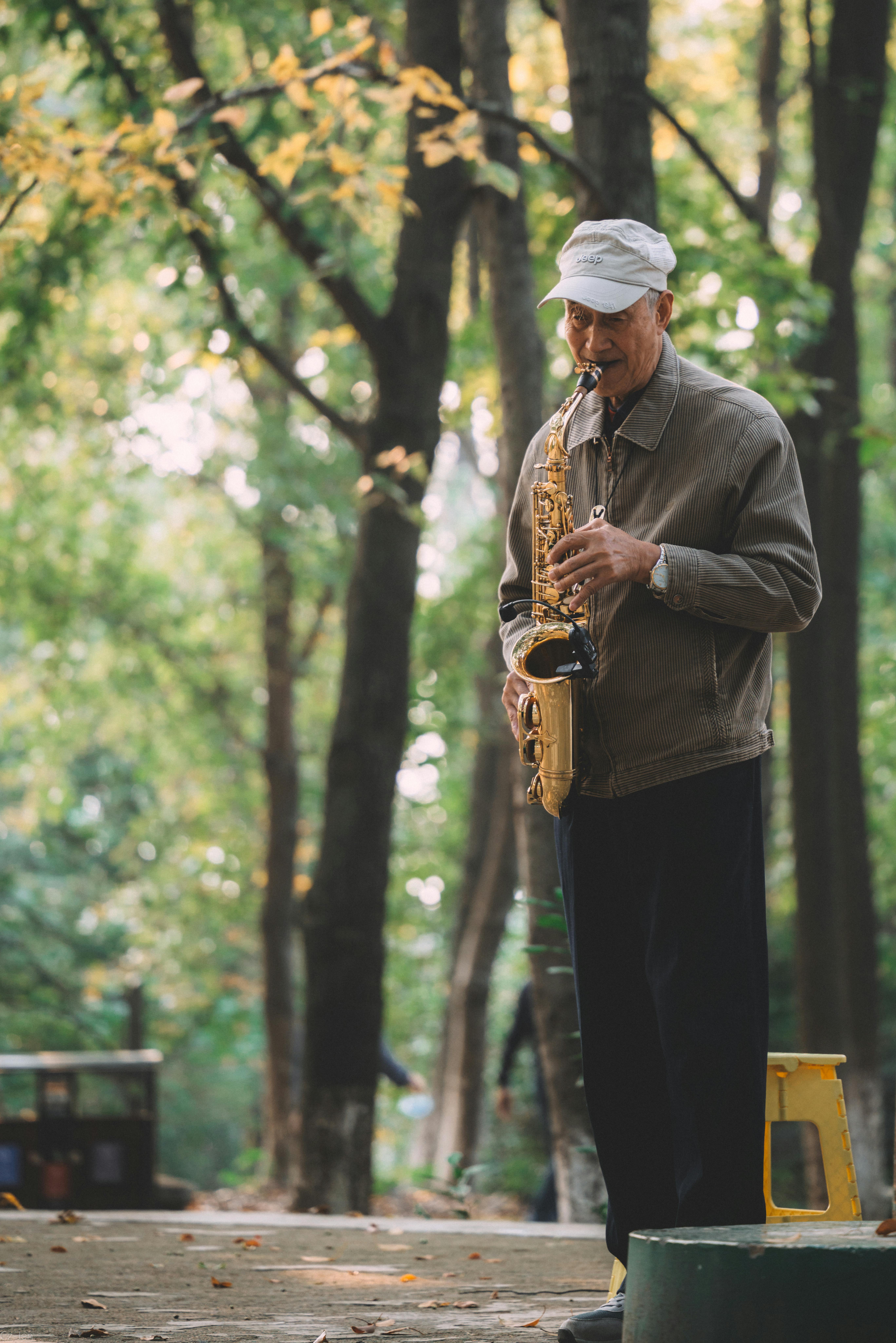 Man in Gray Jacket Playing Saxophone Near Trees · Free Stock Photo