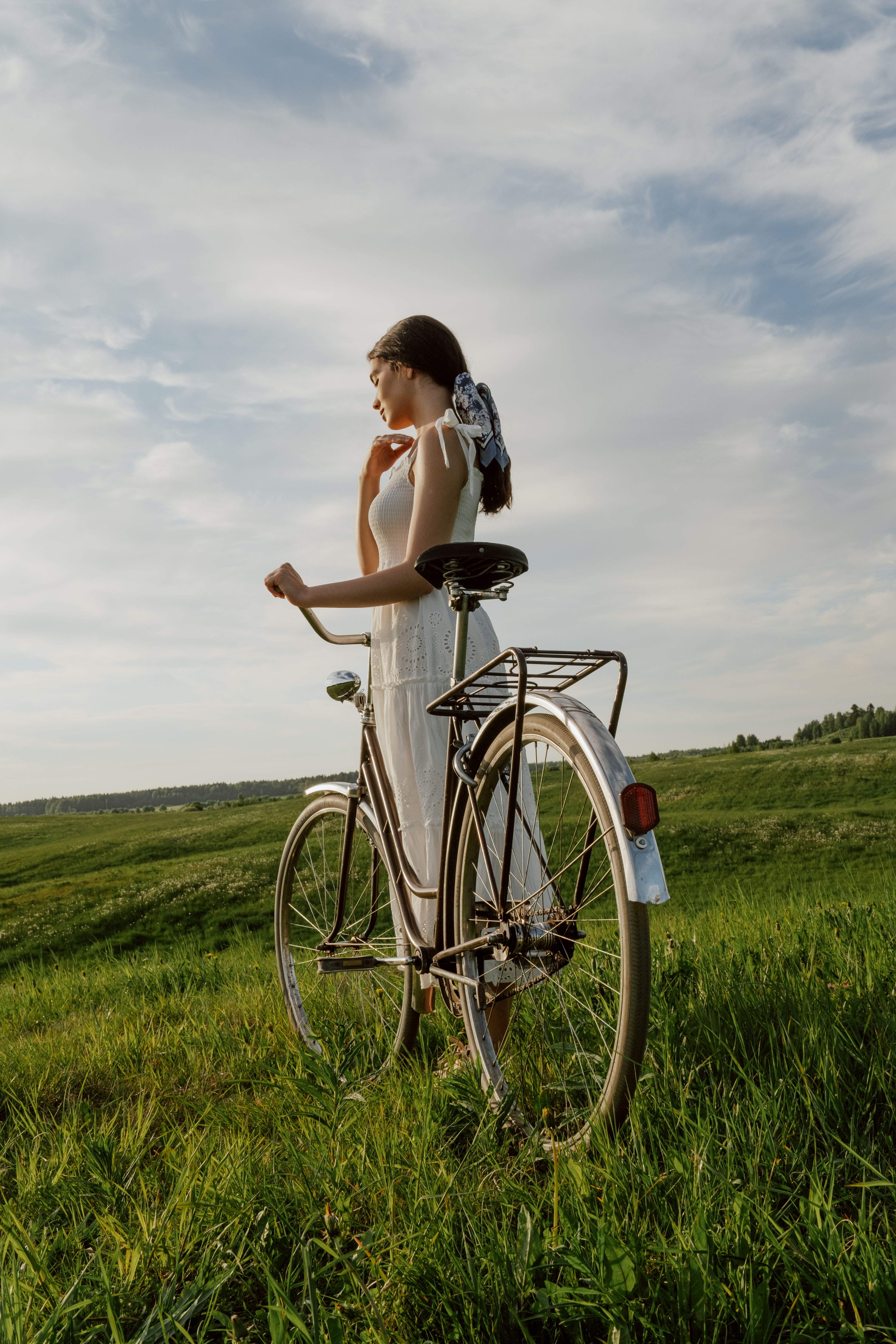 Woman in White Dress with Bicycle · Free Stock Photo