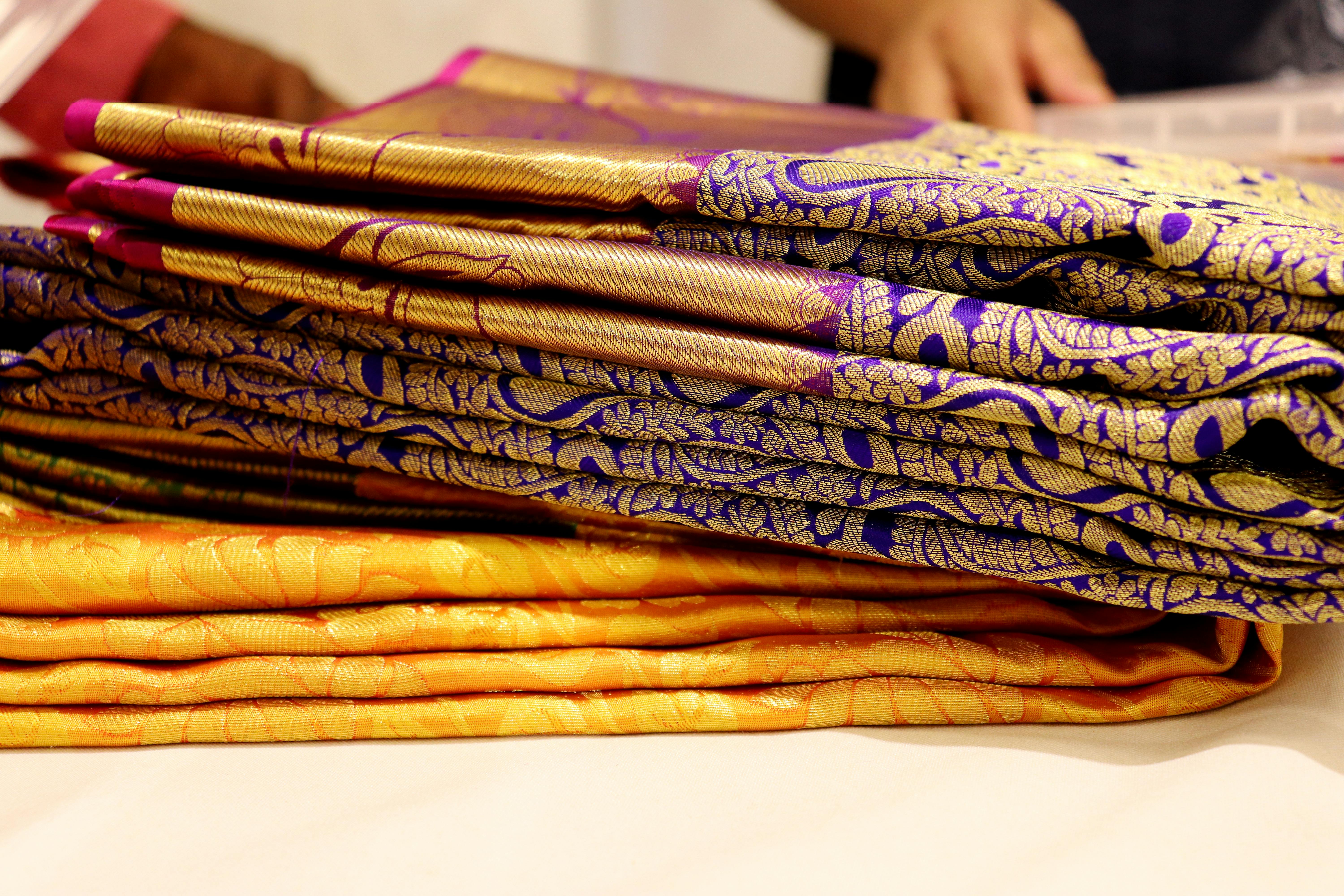 Close-up of Silk Saree with Traditional Pattern · Free Stock Photo