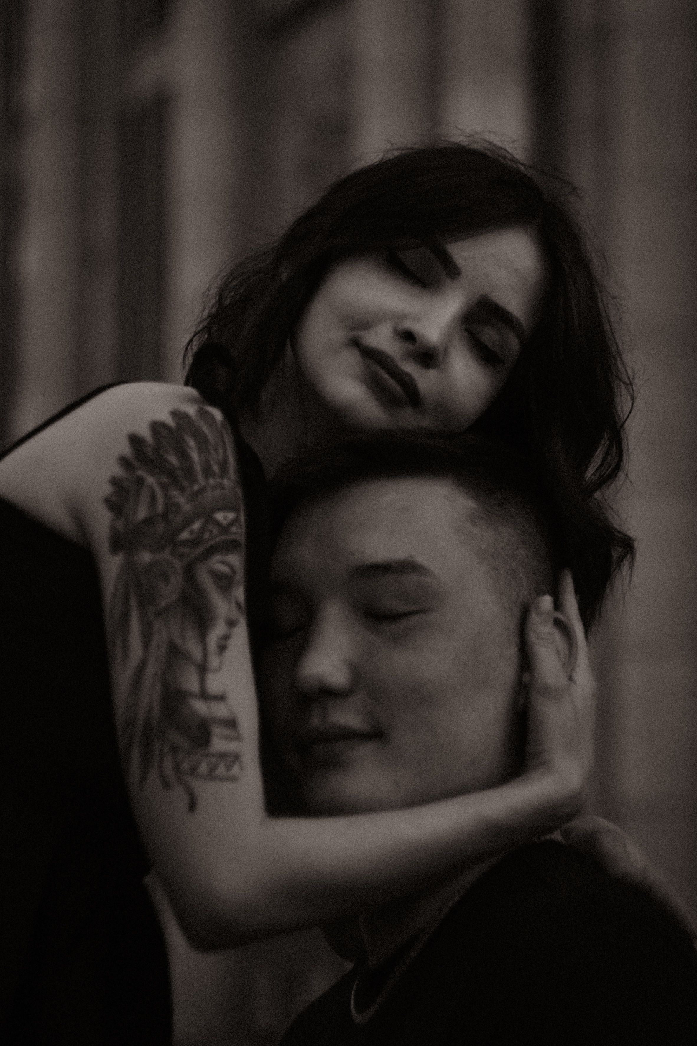 Grayscale Photography of Couple Hugging · Free Stock Photo