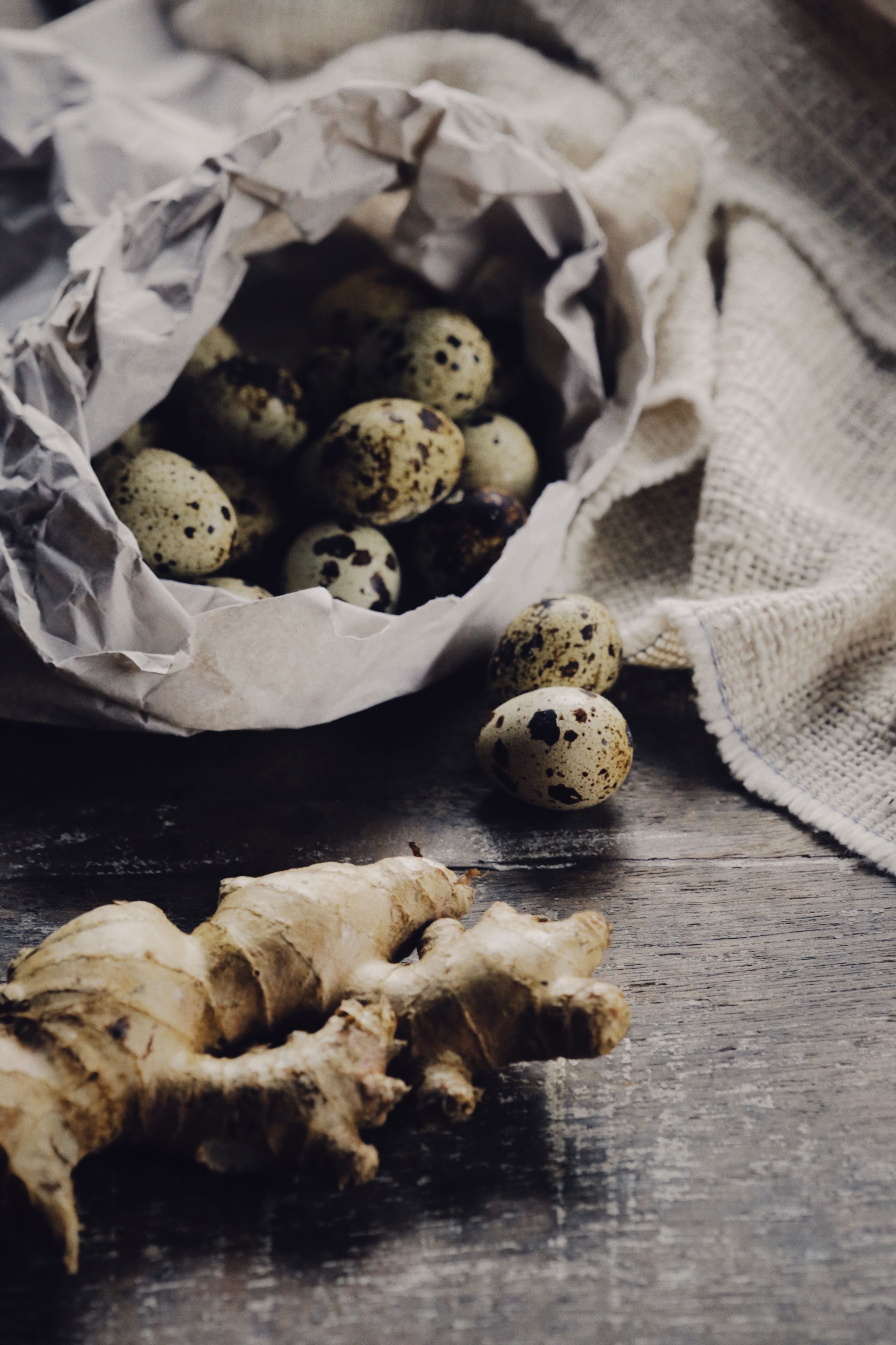 Quail Eggs and a Piece of Ginger · Free Stock Photo