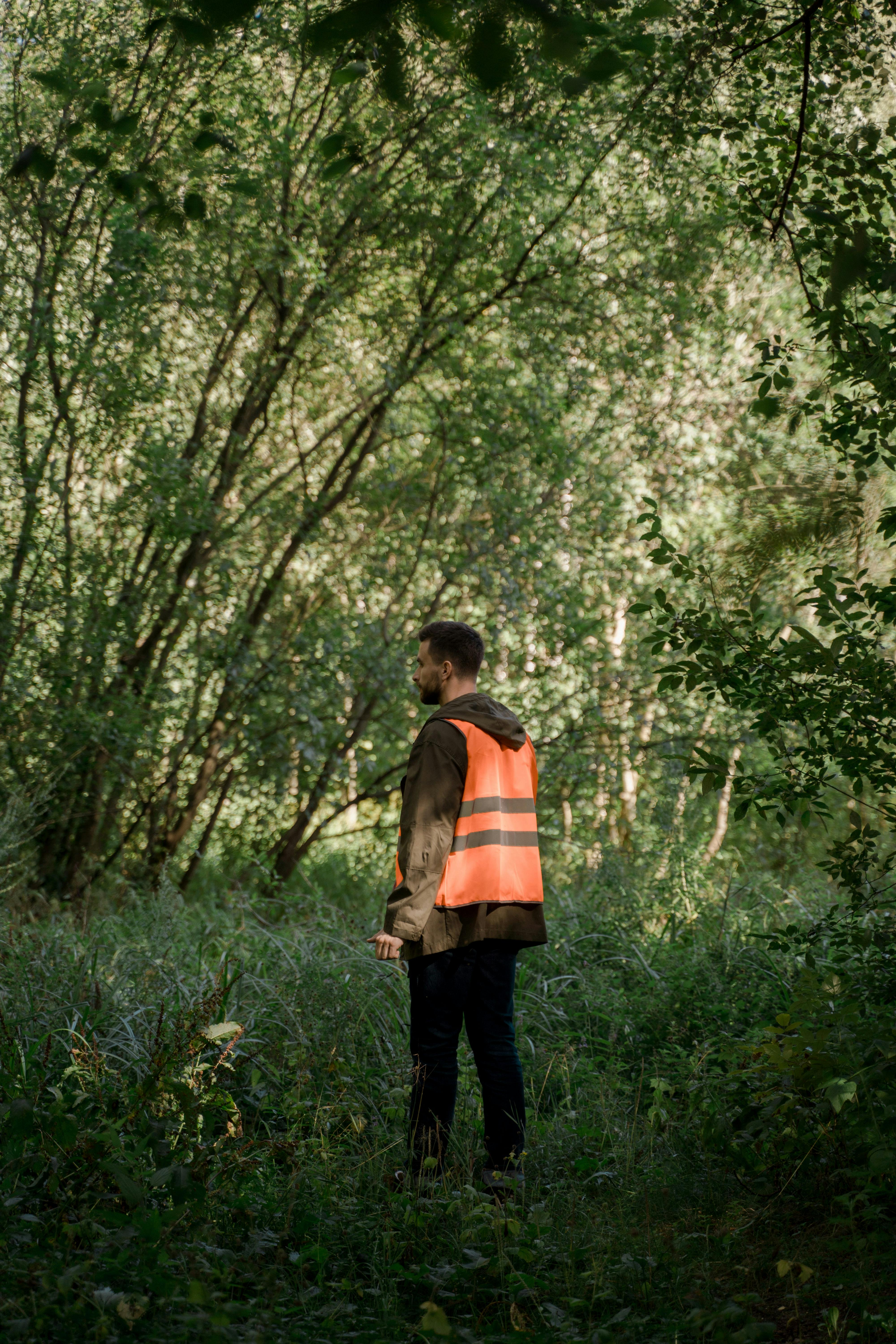 Man in Safety Vest Standing in Forest · Free Stock Photo