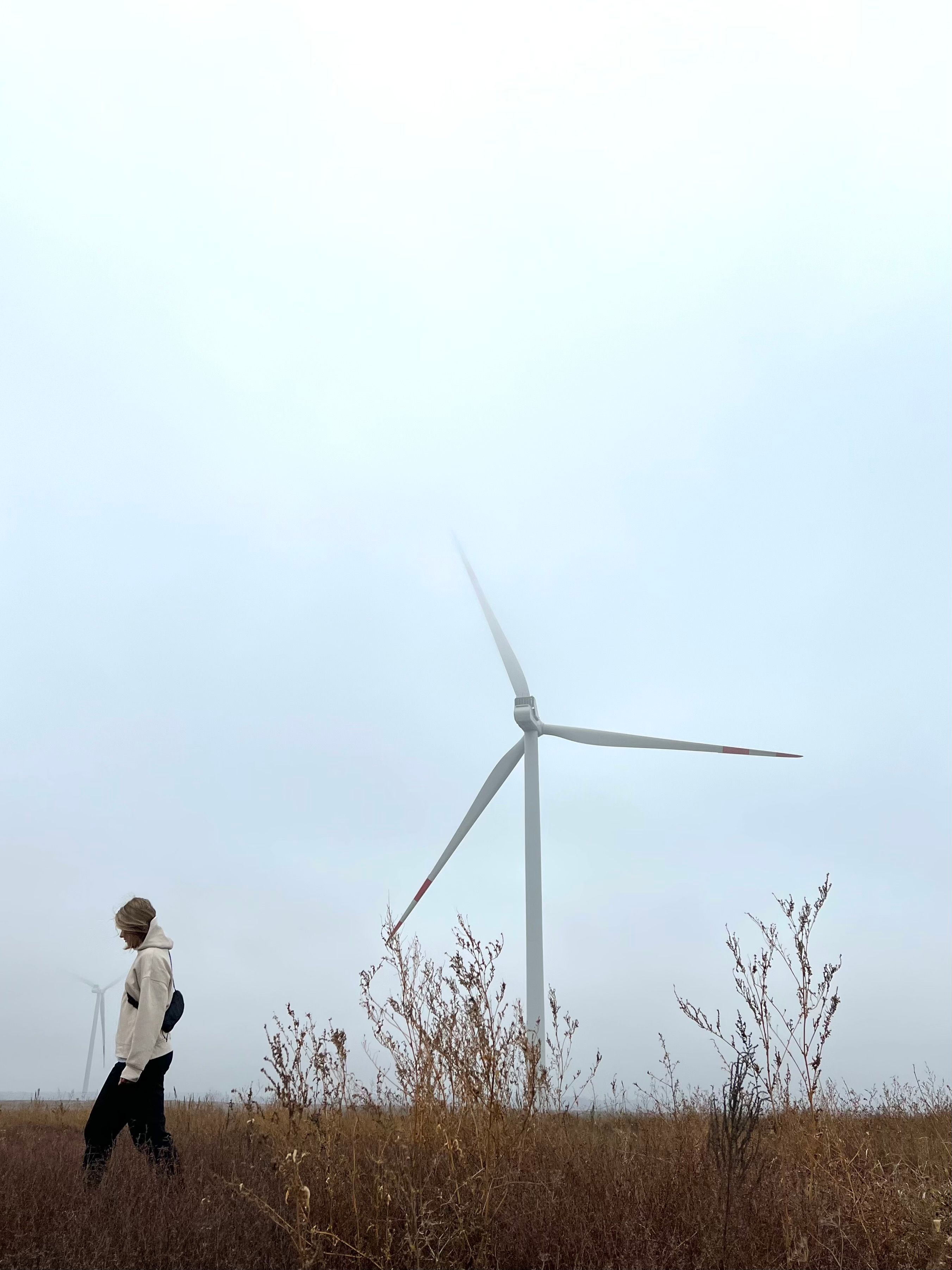 Person Walking near Wind Turbine under Clouds · Free Stock Photo
