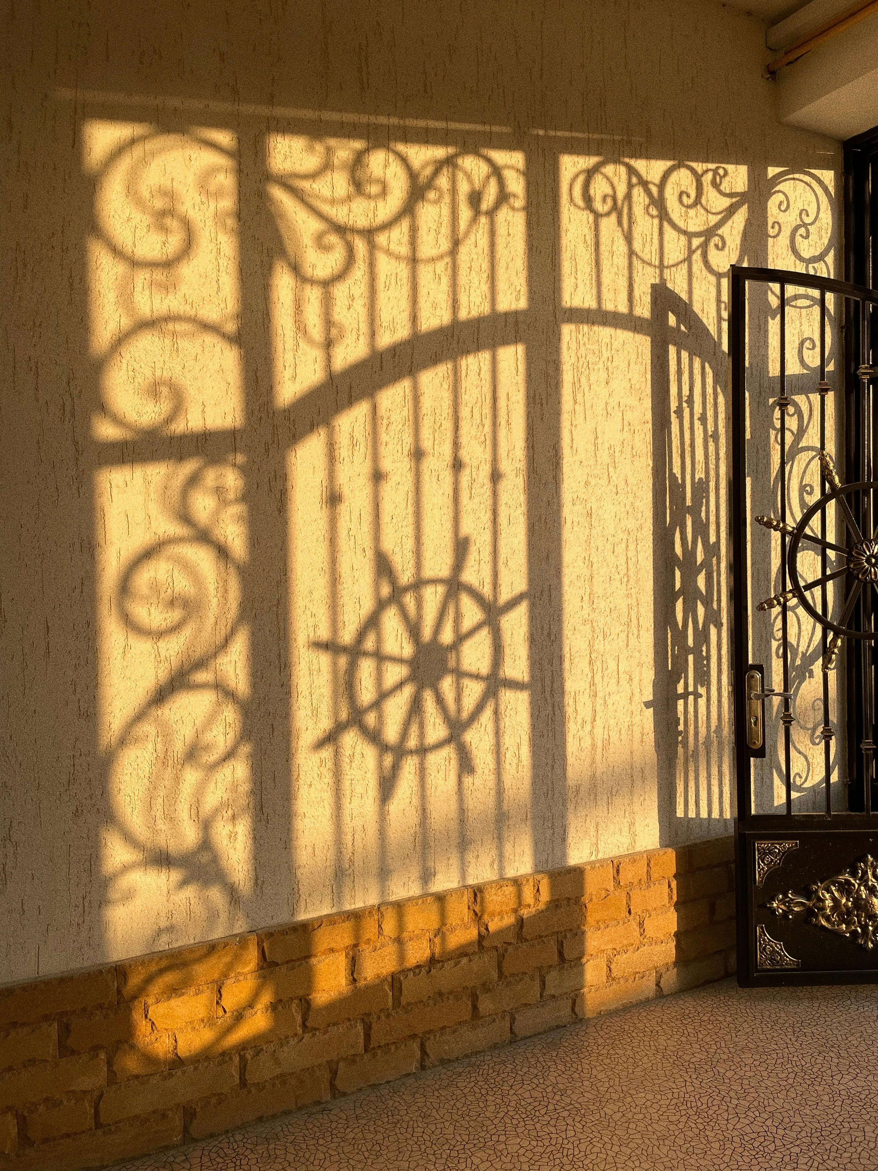 Black Metal Gate Casting Shadow on White Wall · Free Stock Photo