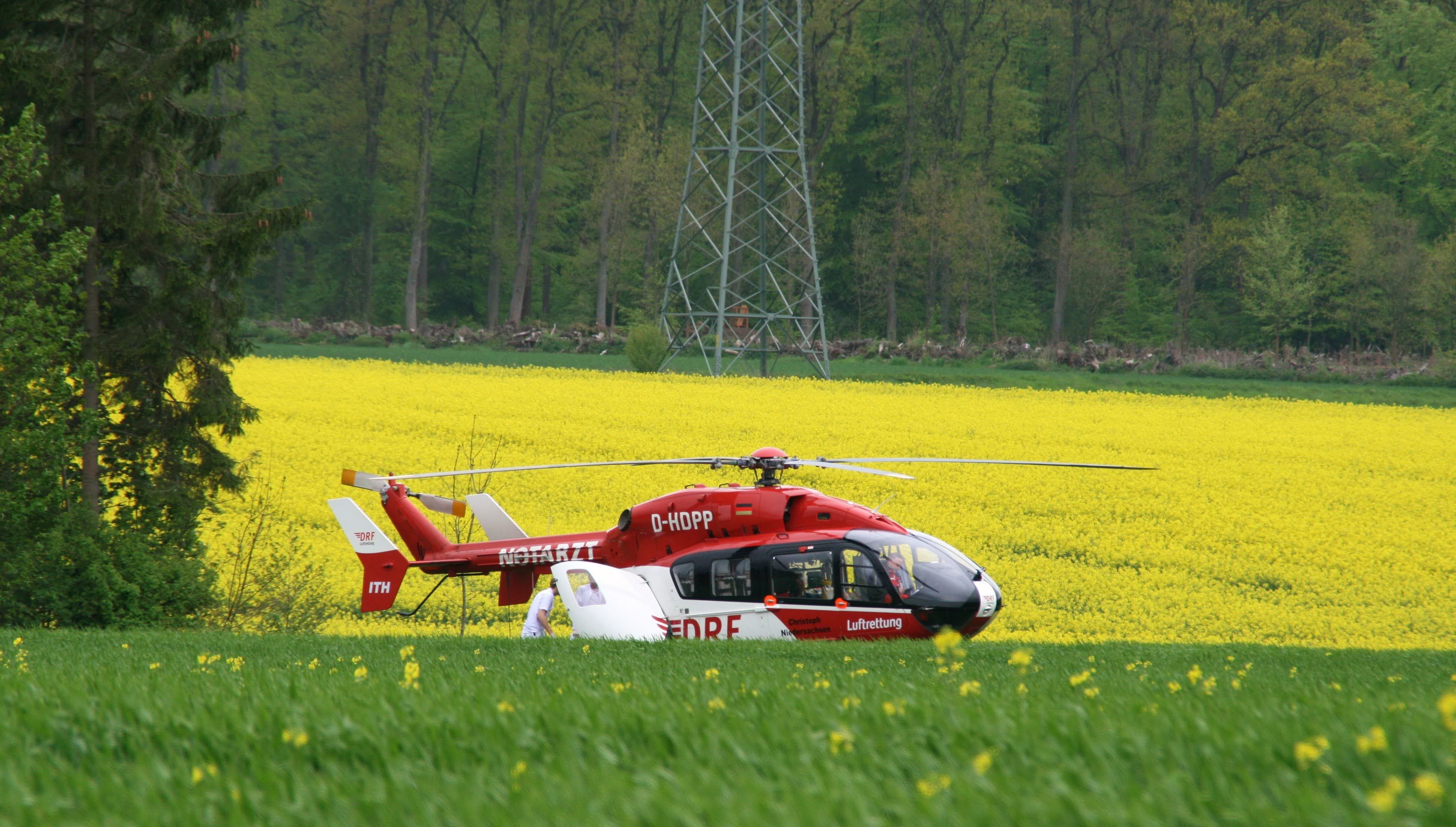 Red and white Helicopter Parked on Flower field · Free Stock Photo