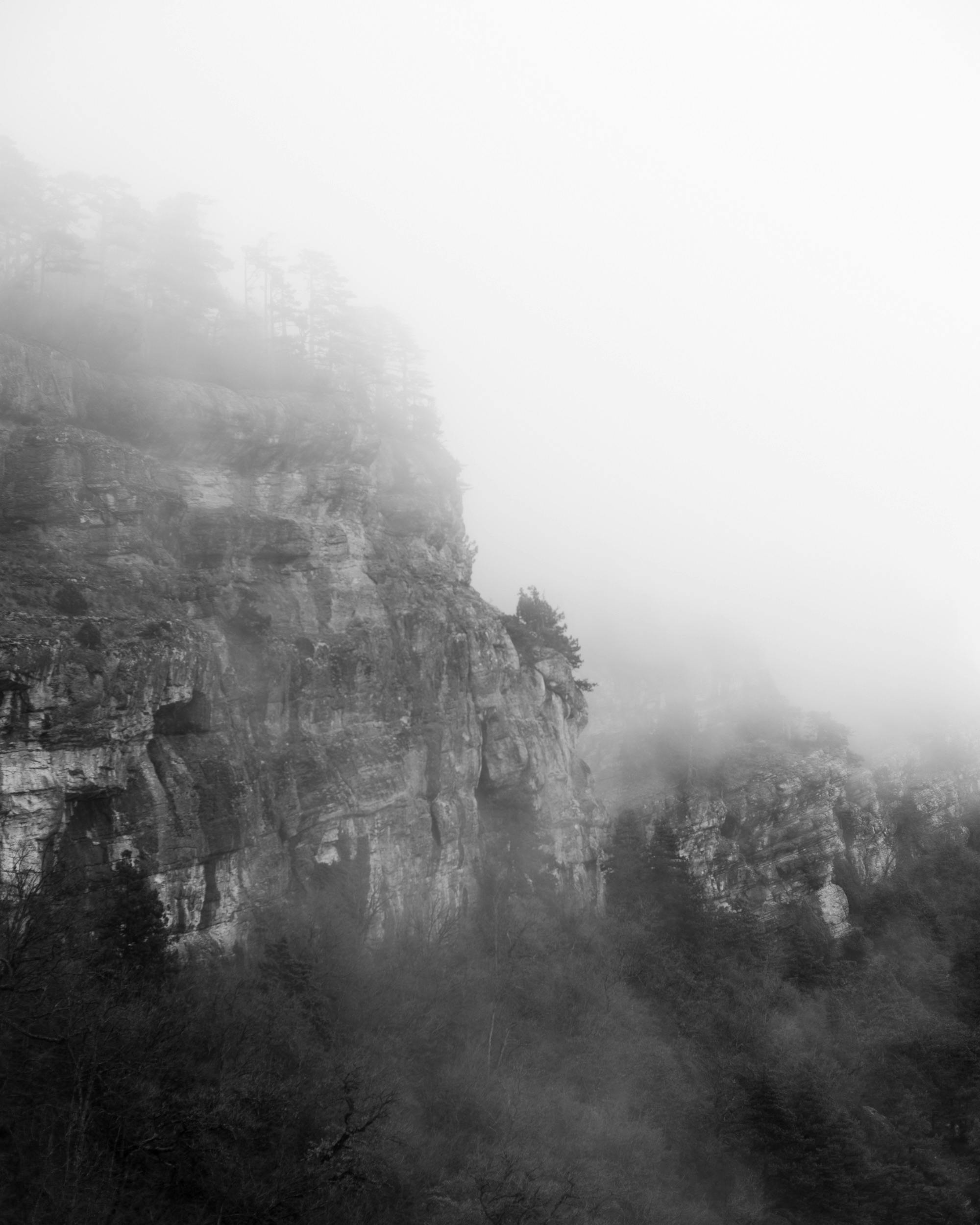 Grayscale Photo of a Foggy Cliff · Free Stock Photo