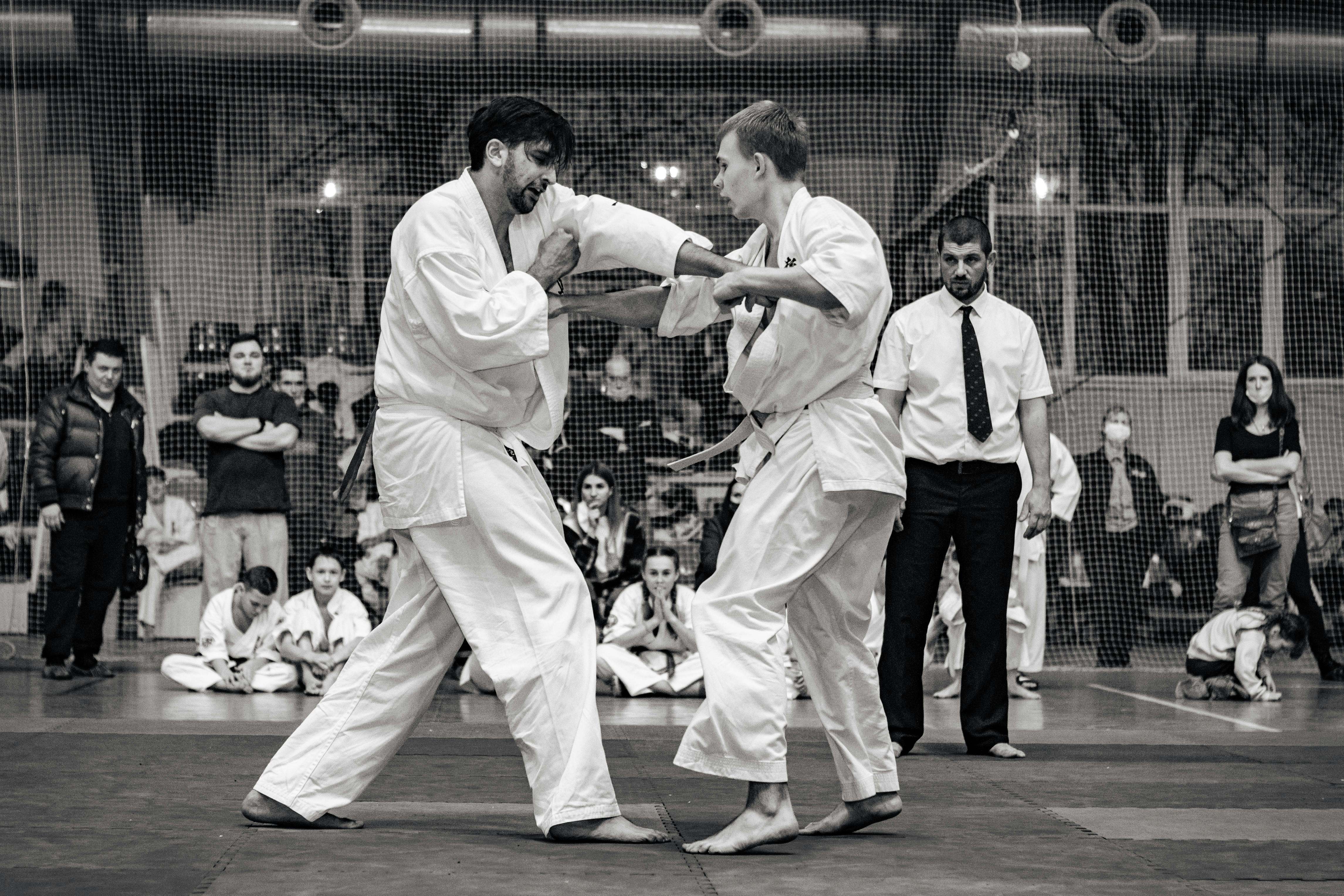 Grayscale Photo of Men doing Karate · Free Stock Photo