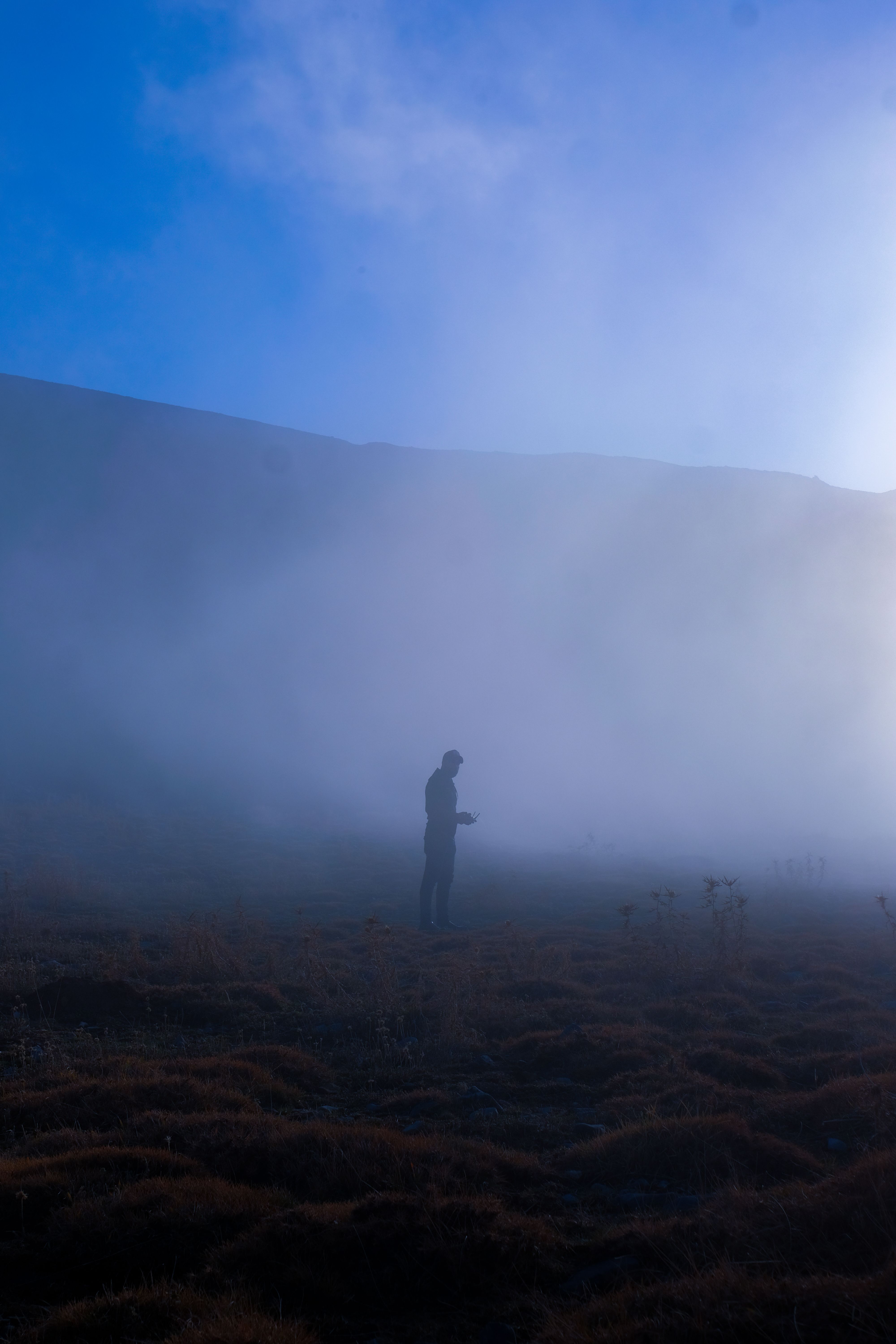 Man Standing on Grass Field on a Foggy Day · Free Stock Photo