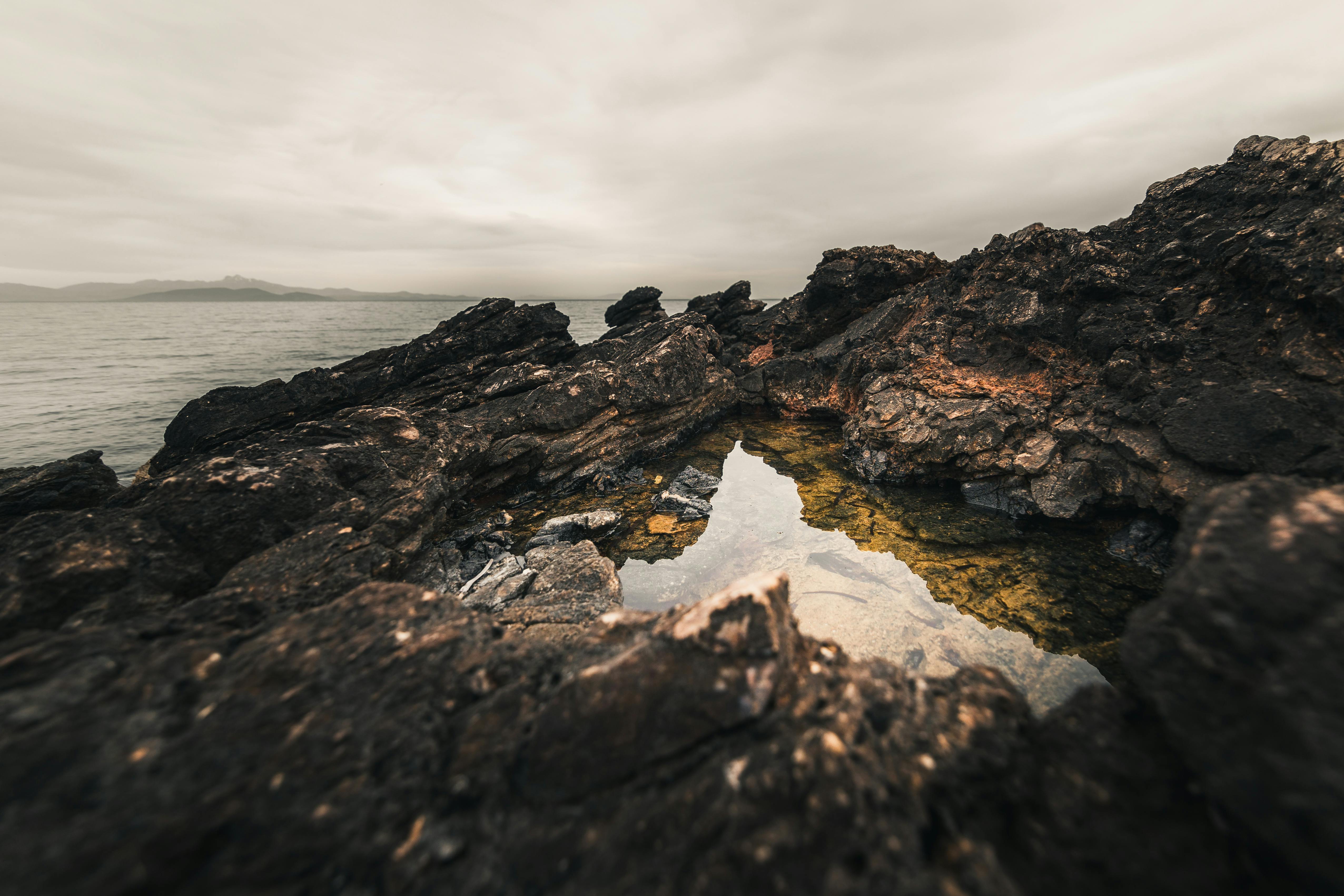 Puddle of Water on Volcanic Rock Seashore · Free Stock Photo