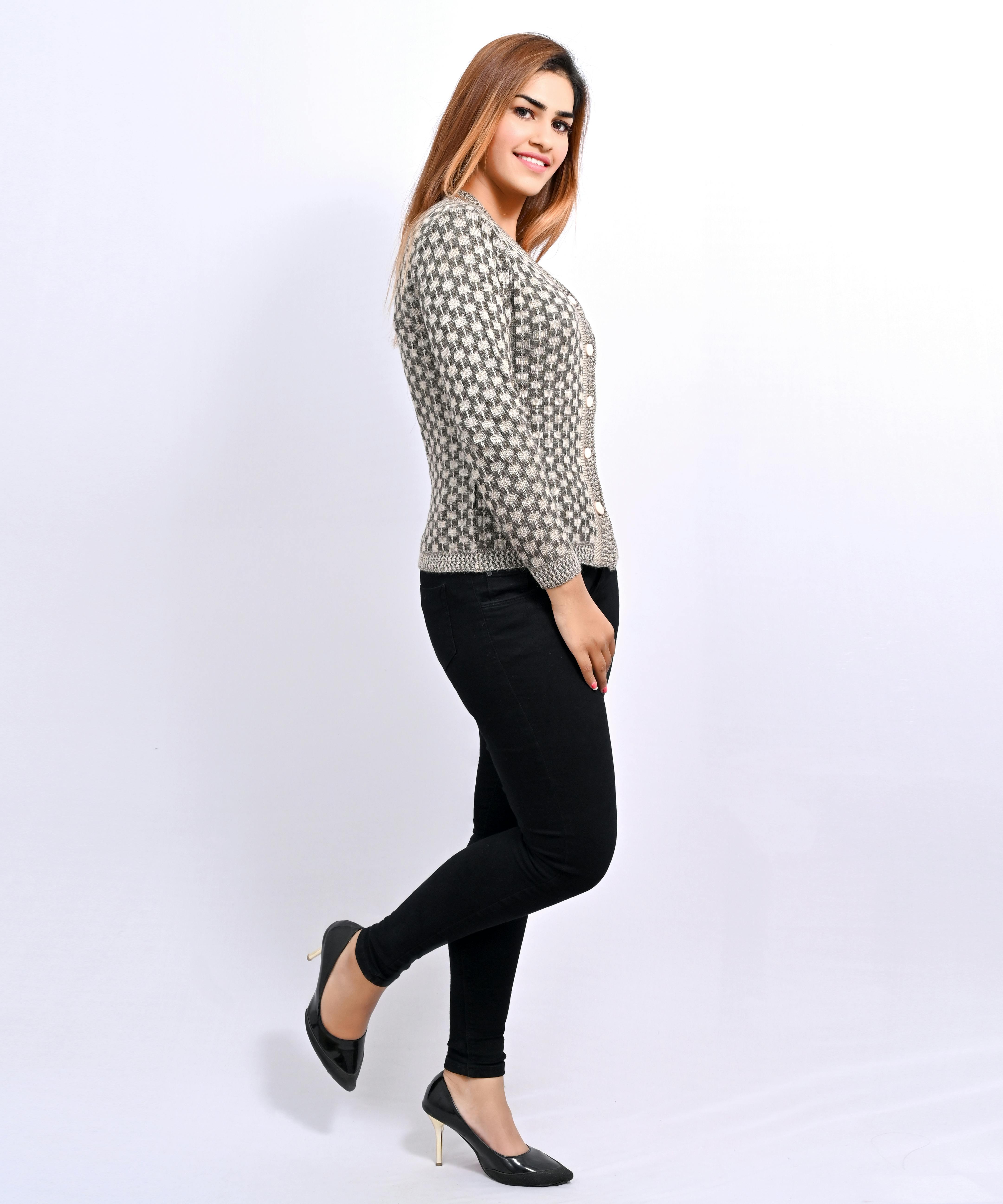Beautiful Young Woman Posing in Gray Cardigan and Black Pants · Free ...