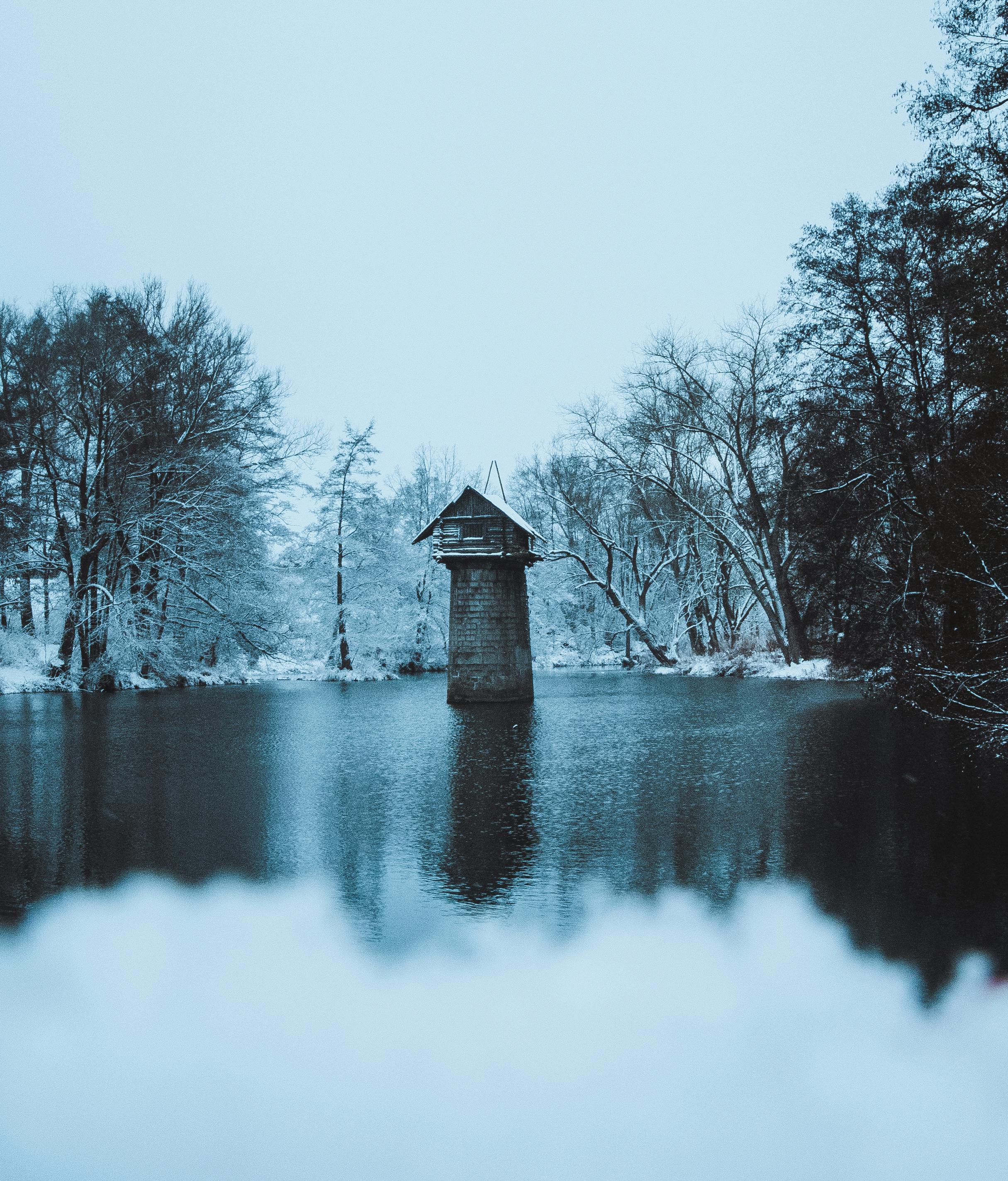 Blue Toned Winter Landscape with an Observation Tower · Free Stock Photo