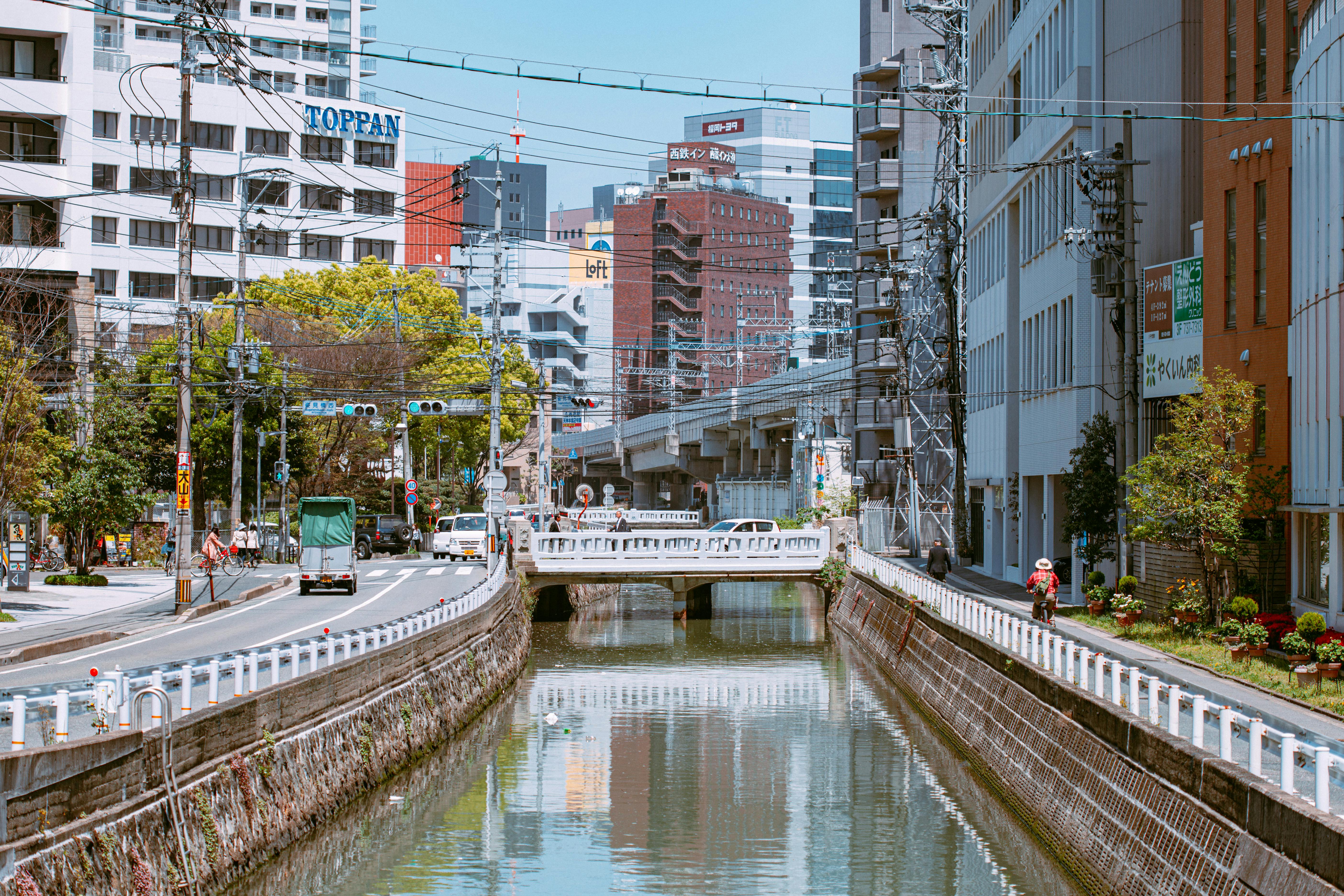 A River Between Buildings and Road · Free Stock Photo