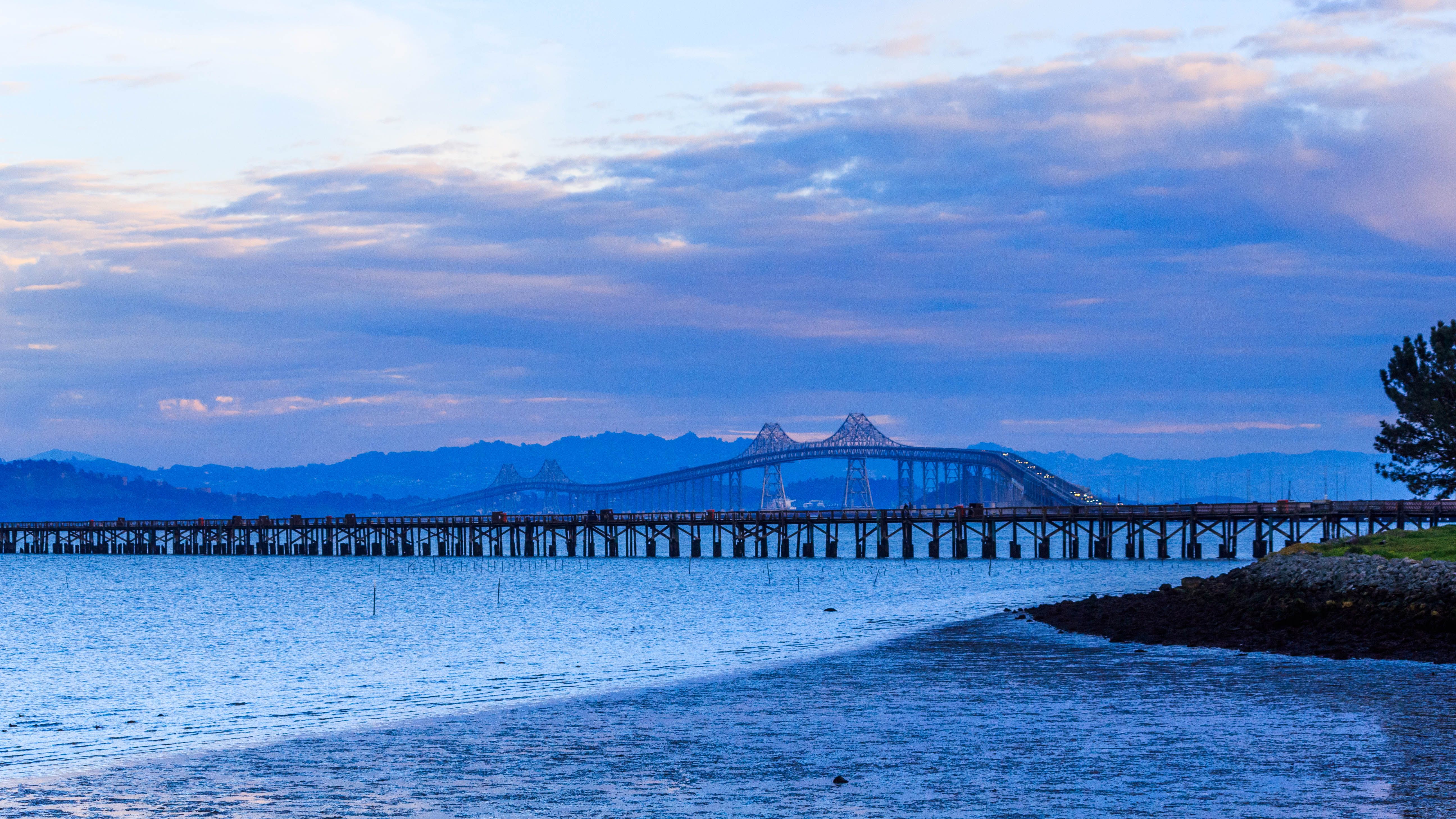 Wooden Dock in the Sea and High Way Bridge · Free Stock Photo