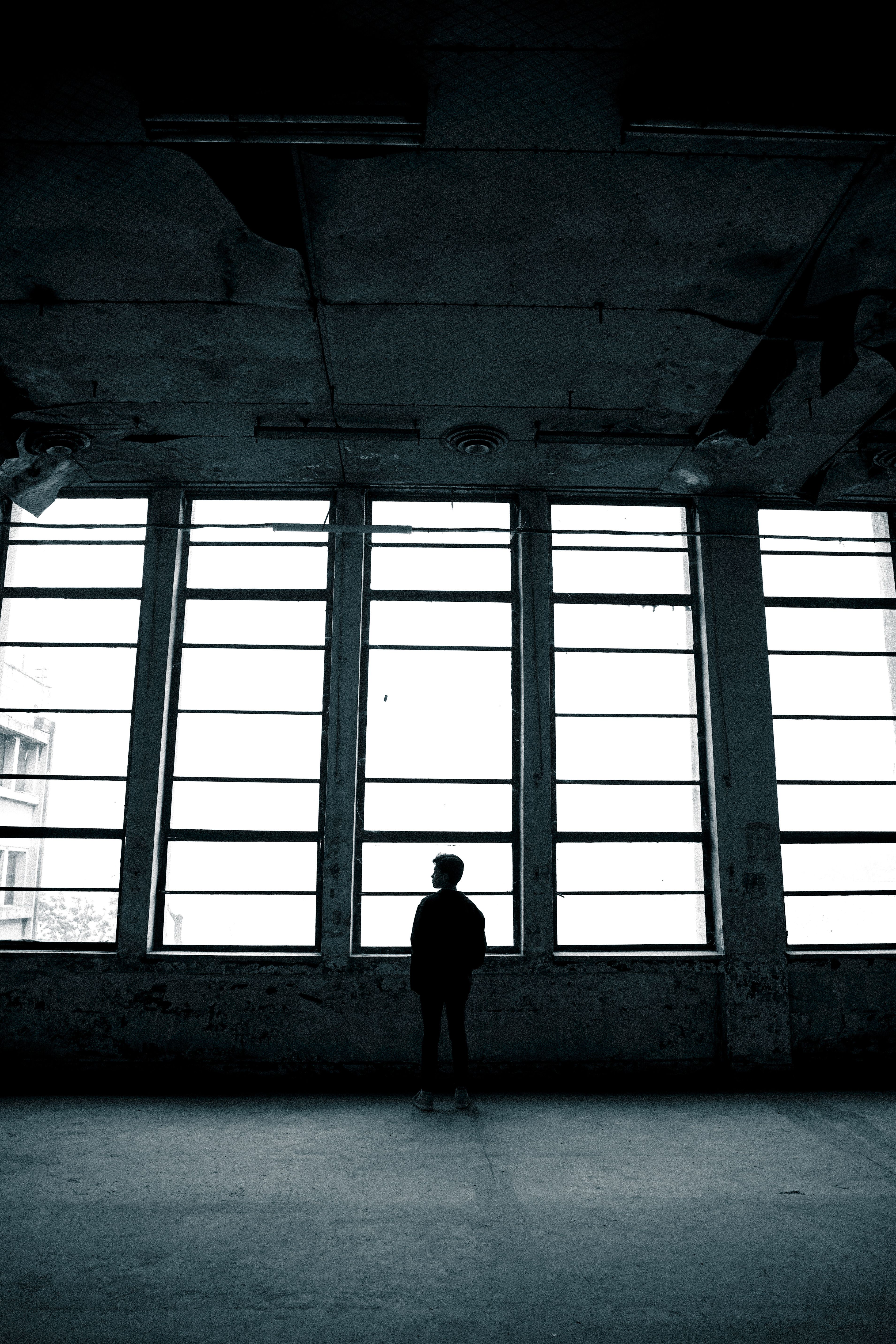 Grayscale Photo of a Person Standing in Front of the Windows · Free ...