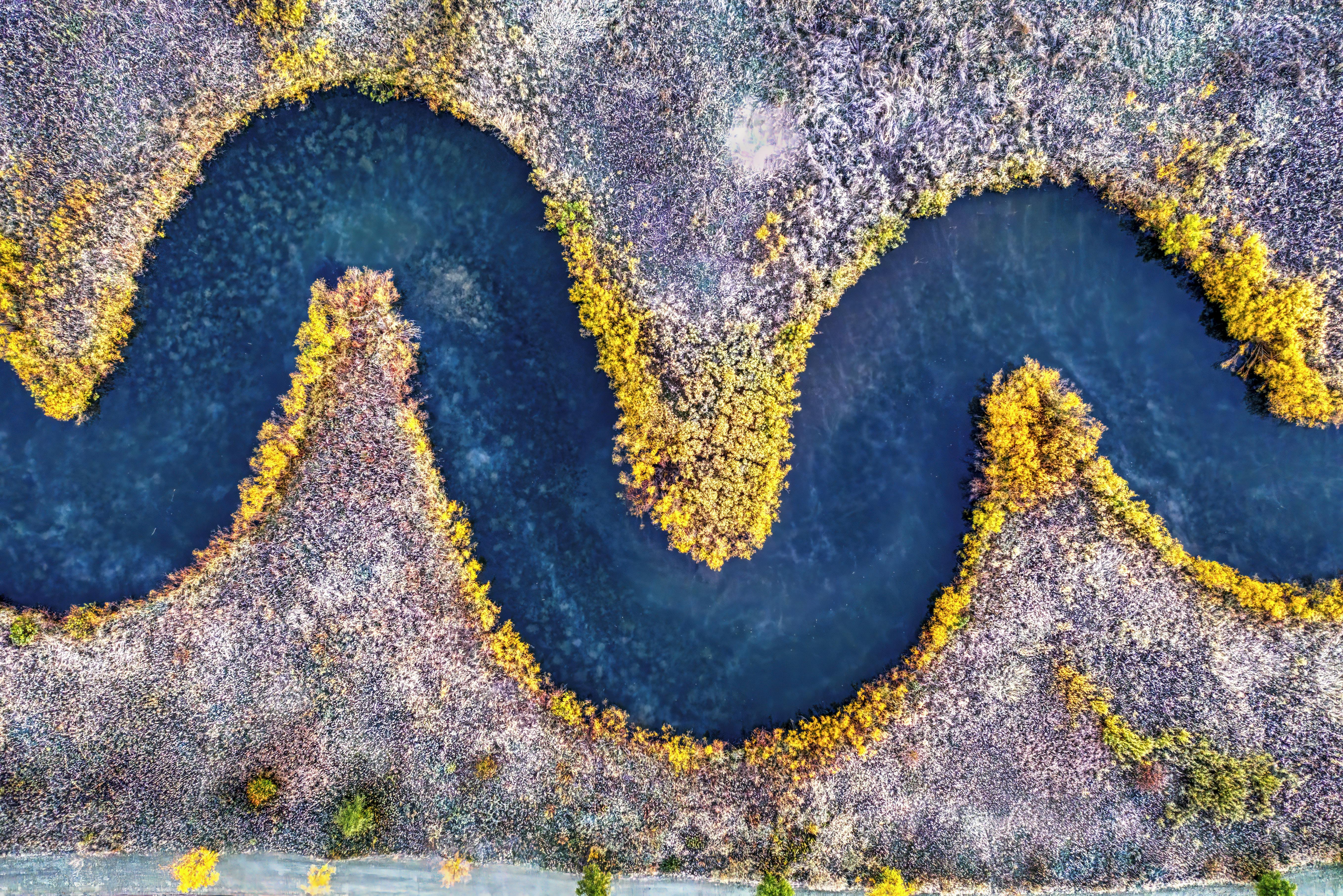 Aerial Footage of a Regulated River Meander and Yellow Plants · Free ...