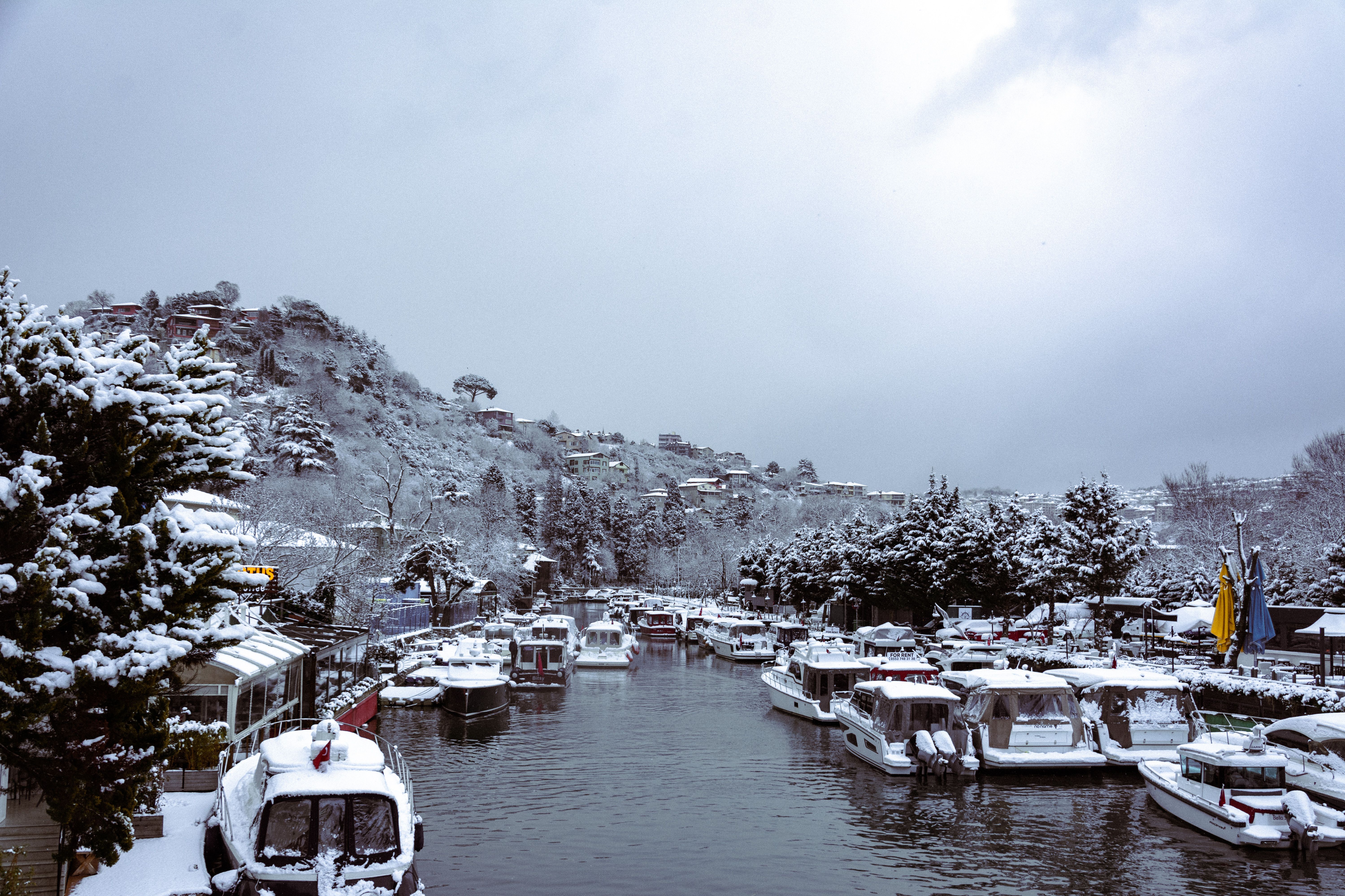 Winter Landscape of Harbor with Snow Covered Yachts · Free Stock Photo