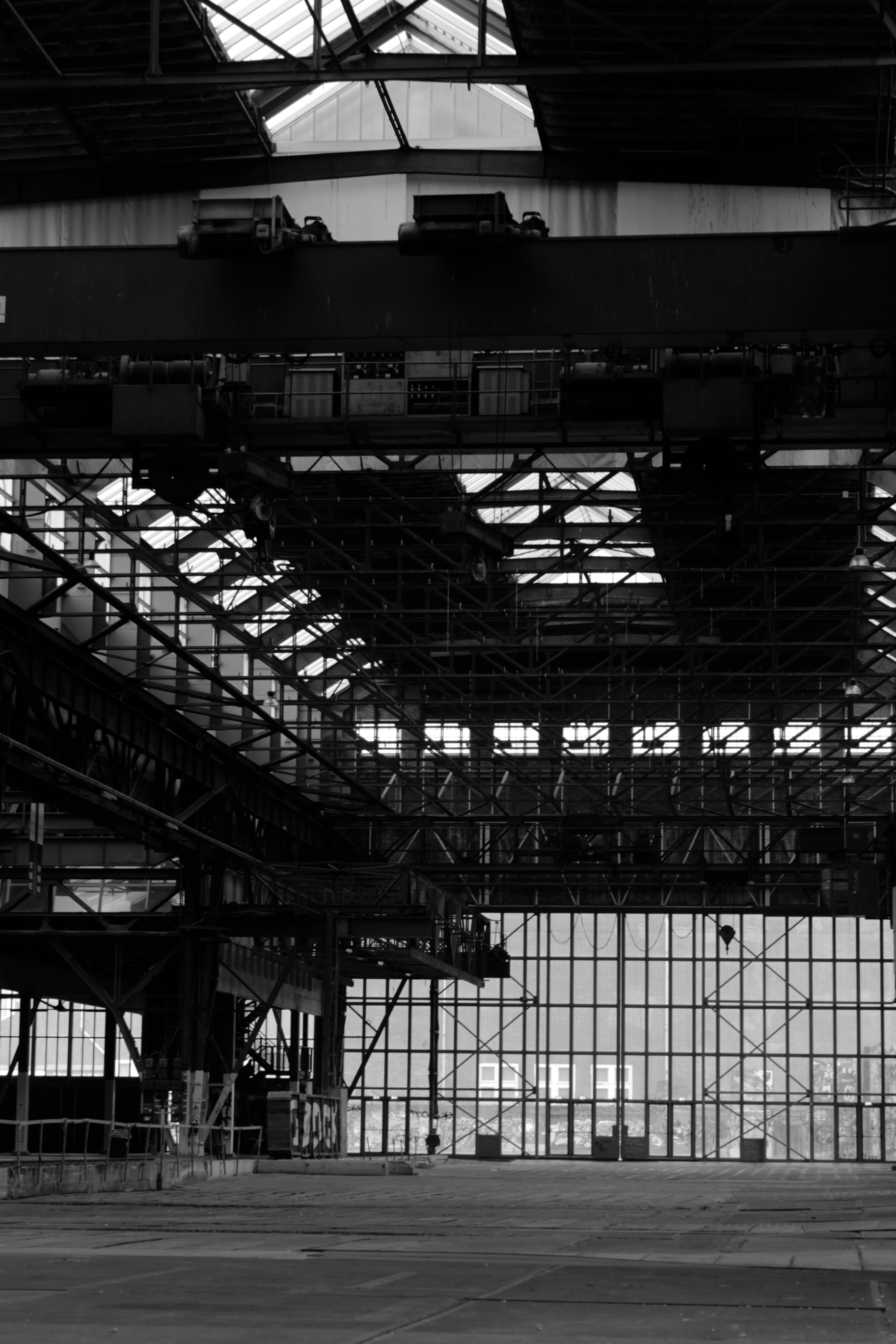 Empty Factory Hall in Black and White · Free Stock Photo