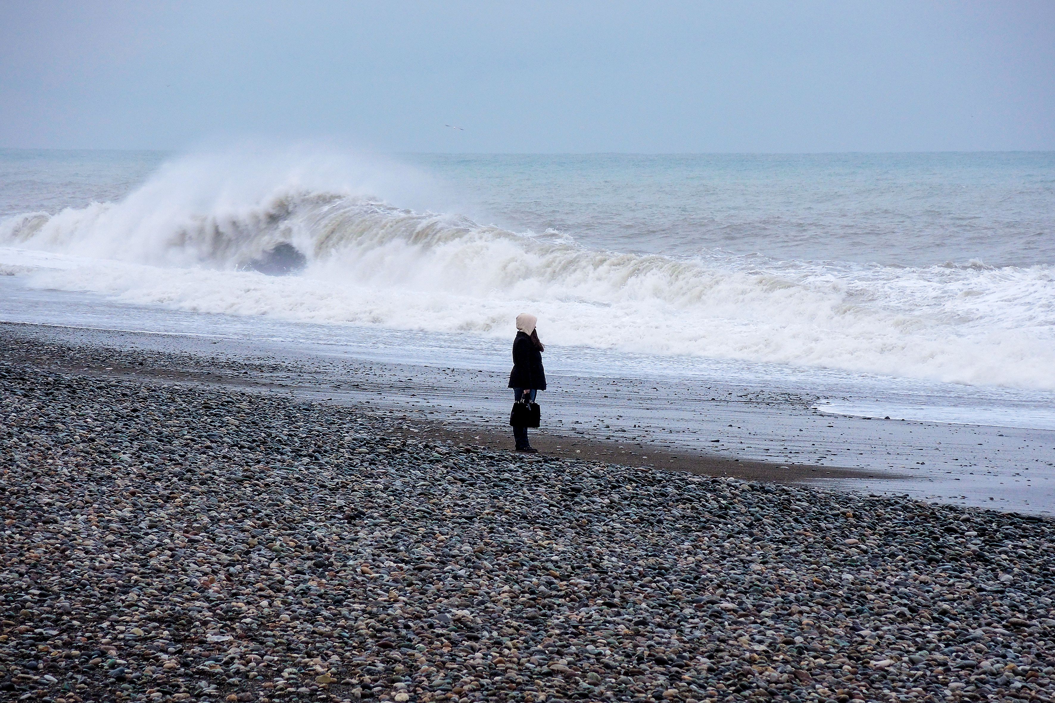 Person in Black Jacket Standing on Seashore · Free Stock Photo