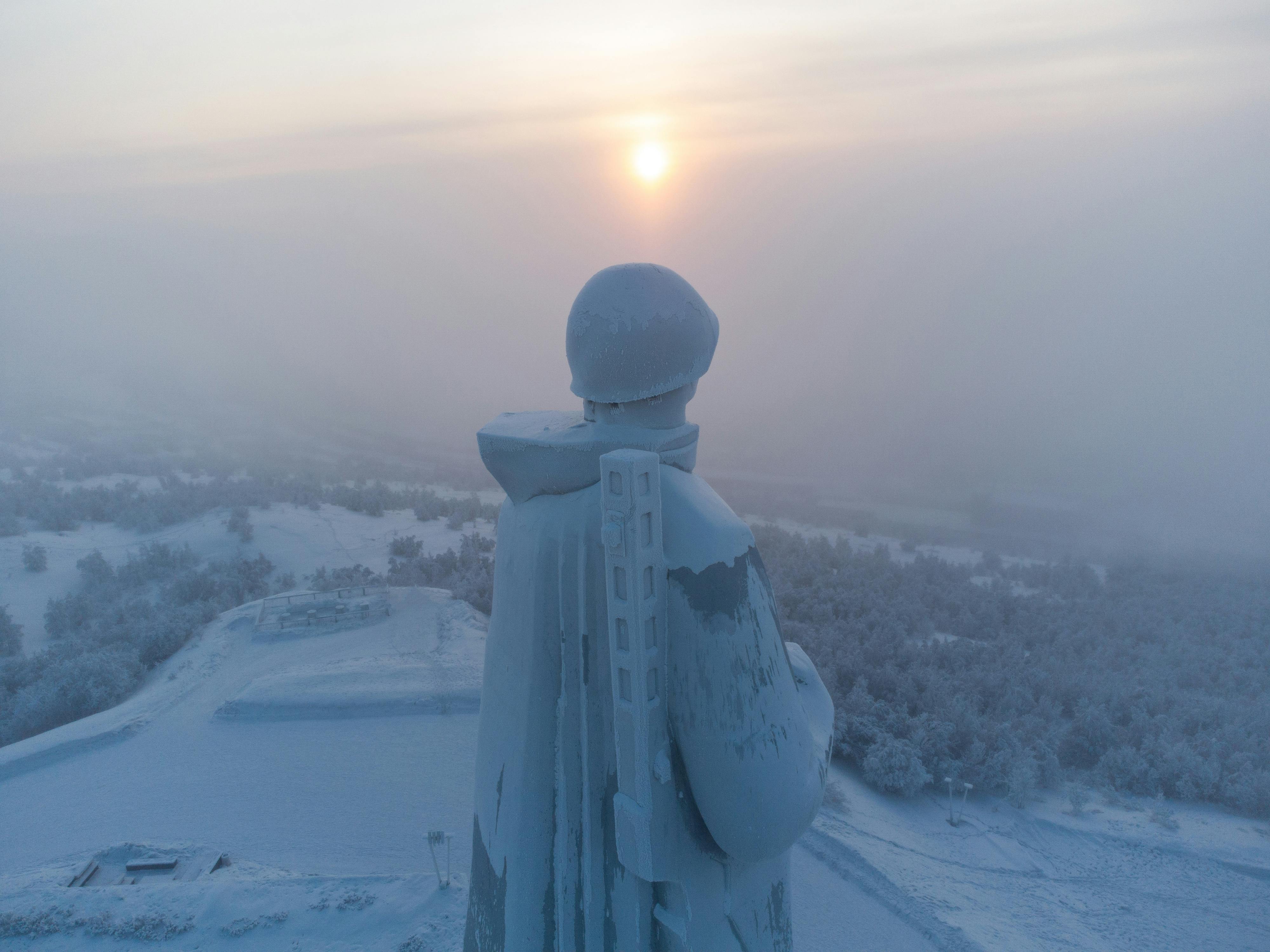 Drone Shot of the Alyosha Monument During Winter · Free Stock Photo
