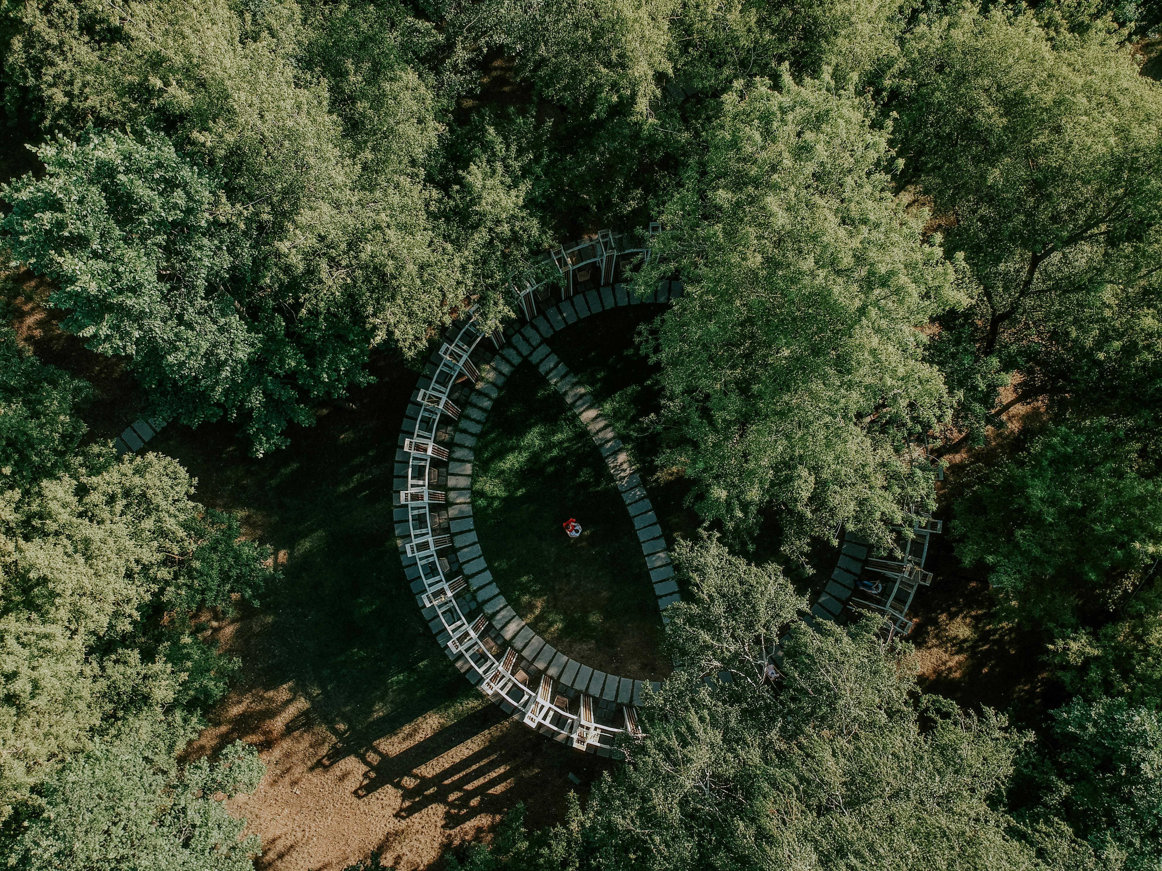 Aerial Footage of a Round Built Structure and Trees · Free Stock Photo