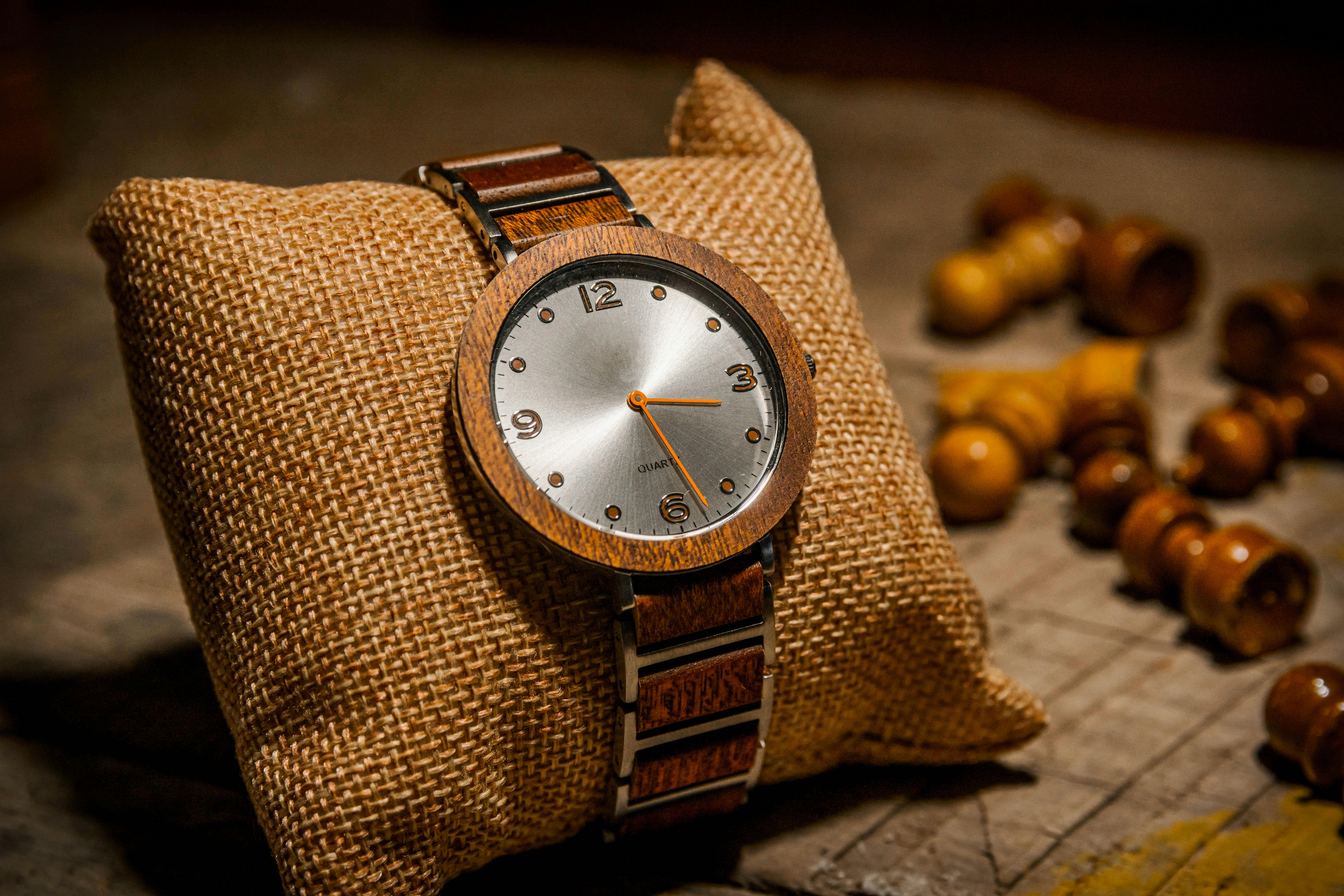 Brown Wristwatch with Round Wooden Frame · Free Stock Photo