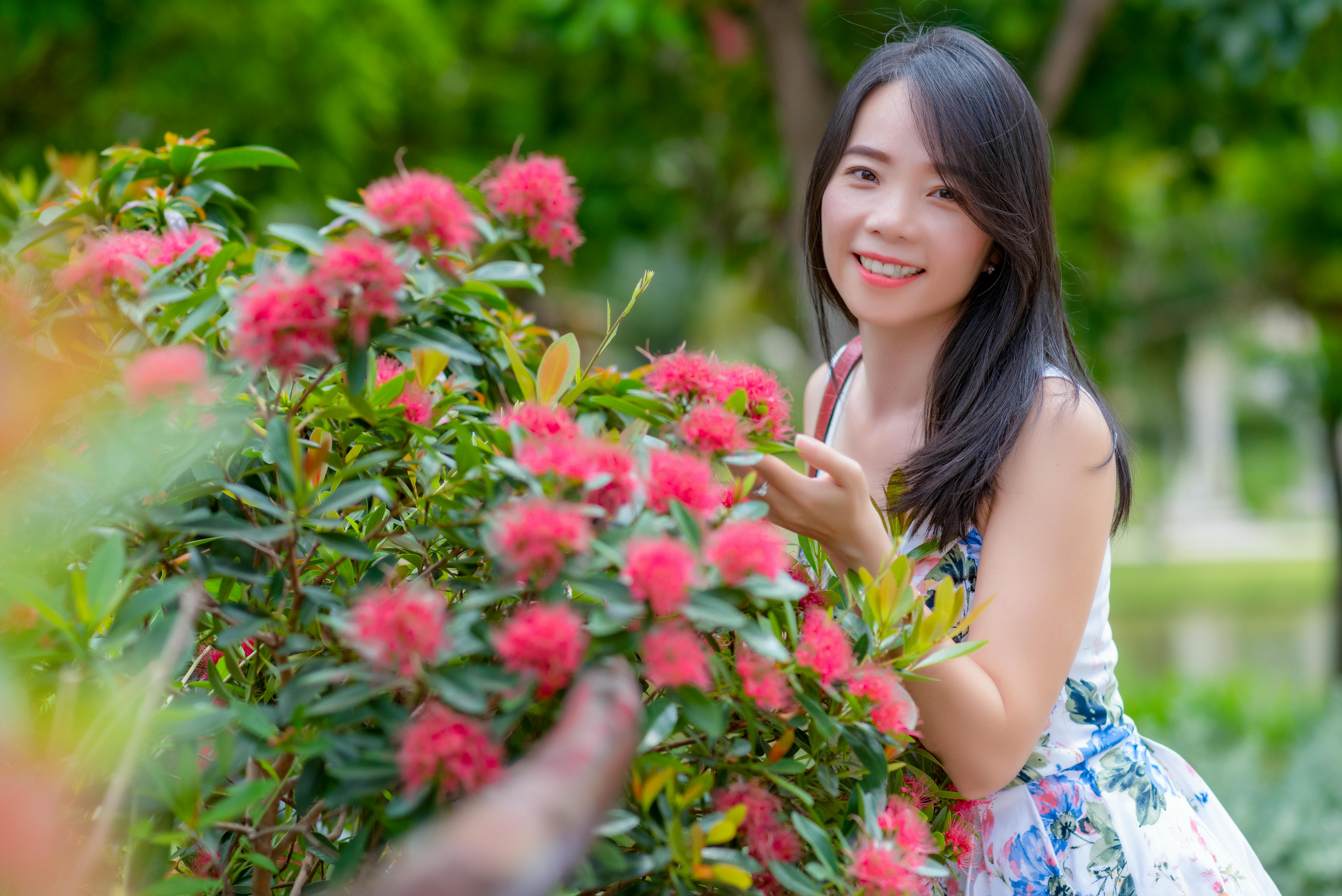 Woman in Floral Dress Holding Red Flowers · Free Stock Photo
