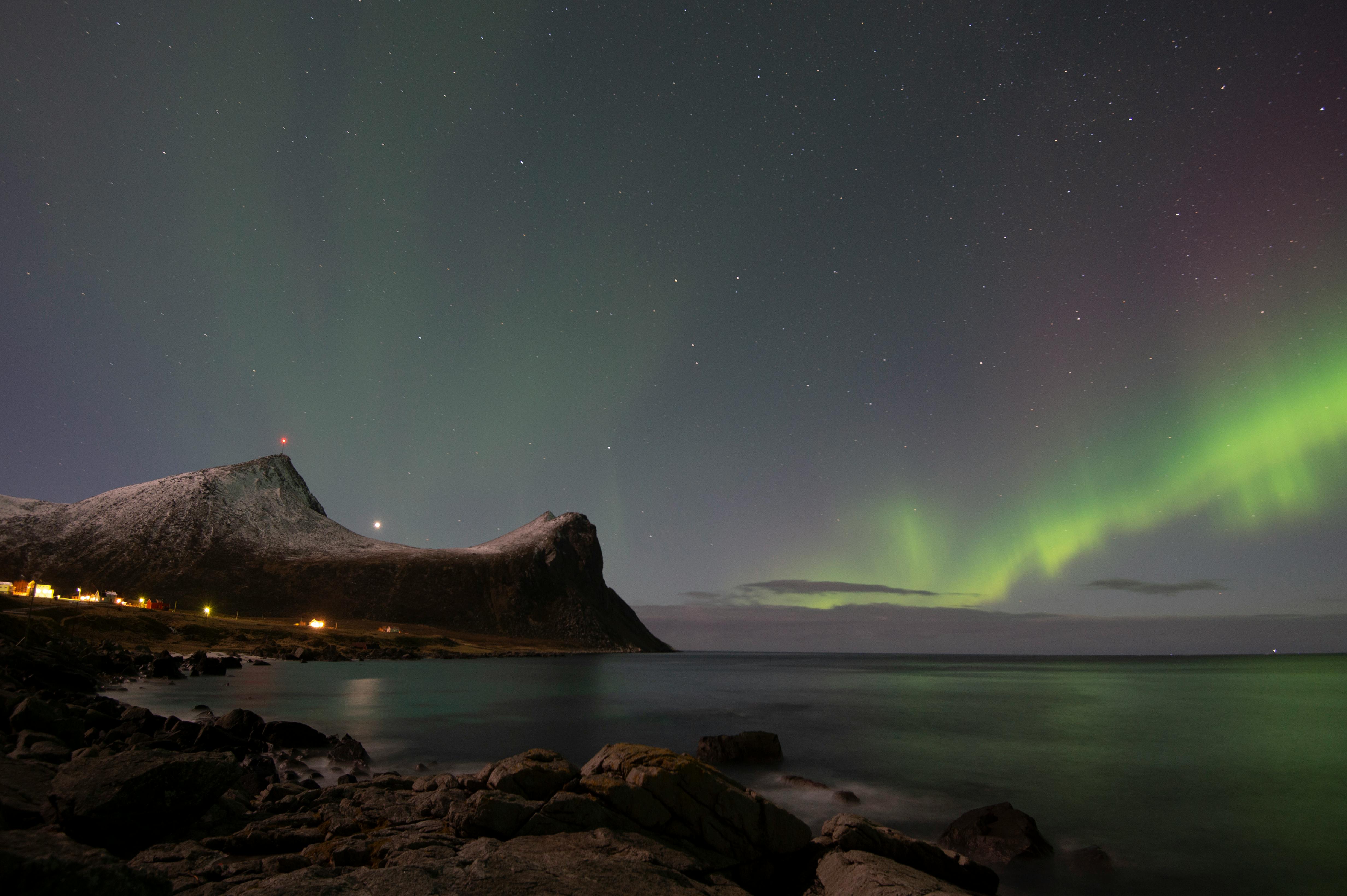 Green Aurora Lights over Snow Covered Mountain during Night Time · Free ...