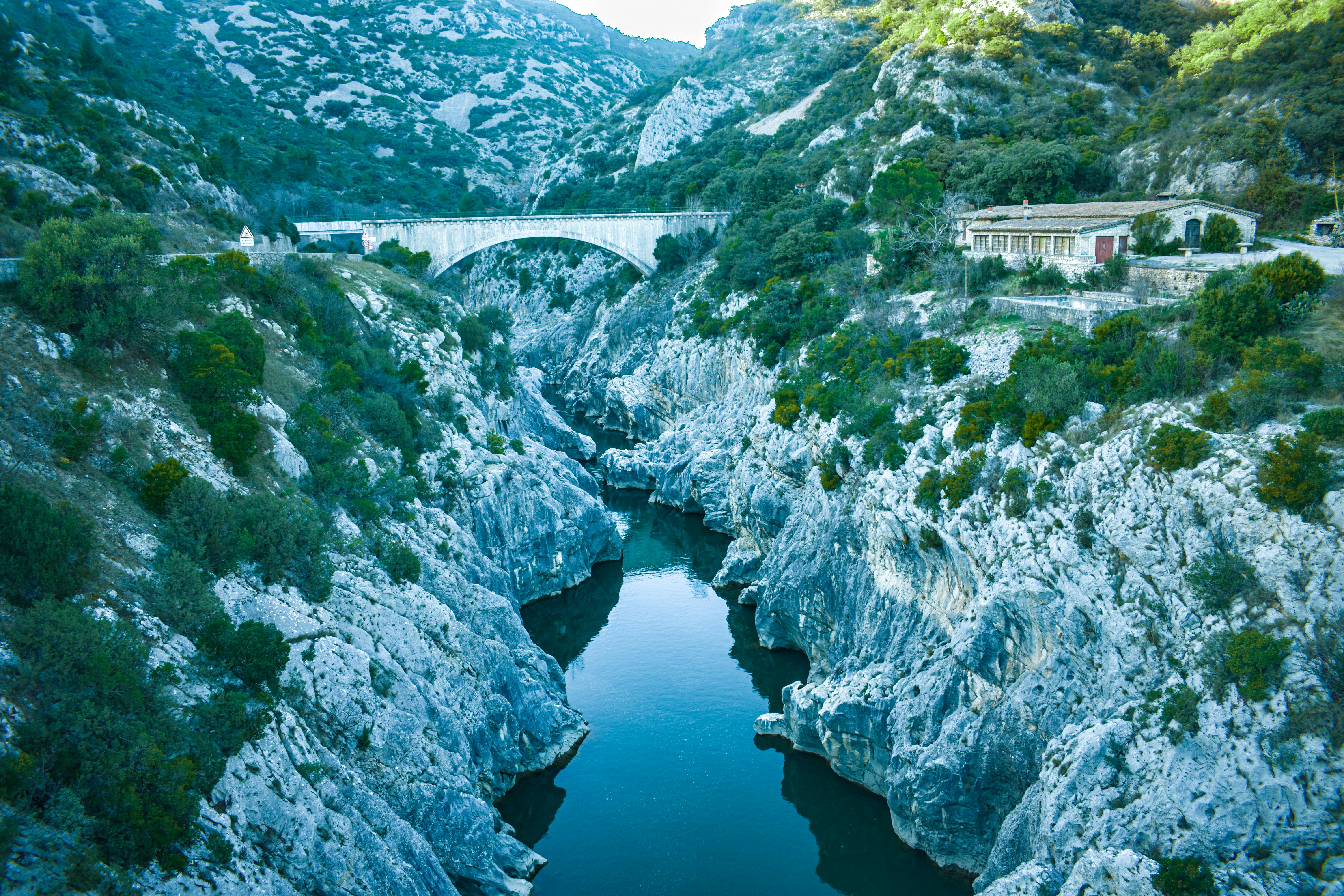 Aerial View of River in Between Rock Cliffs · Free Stock Photo