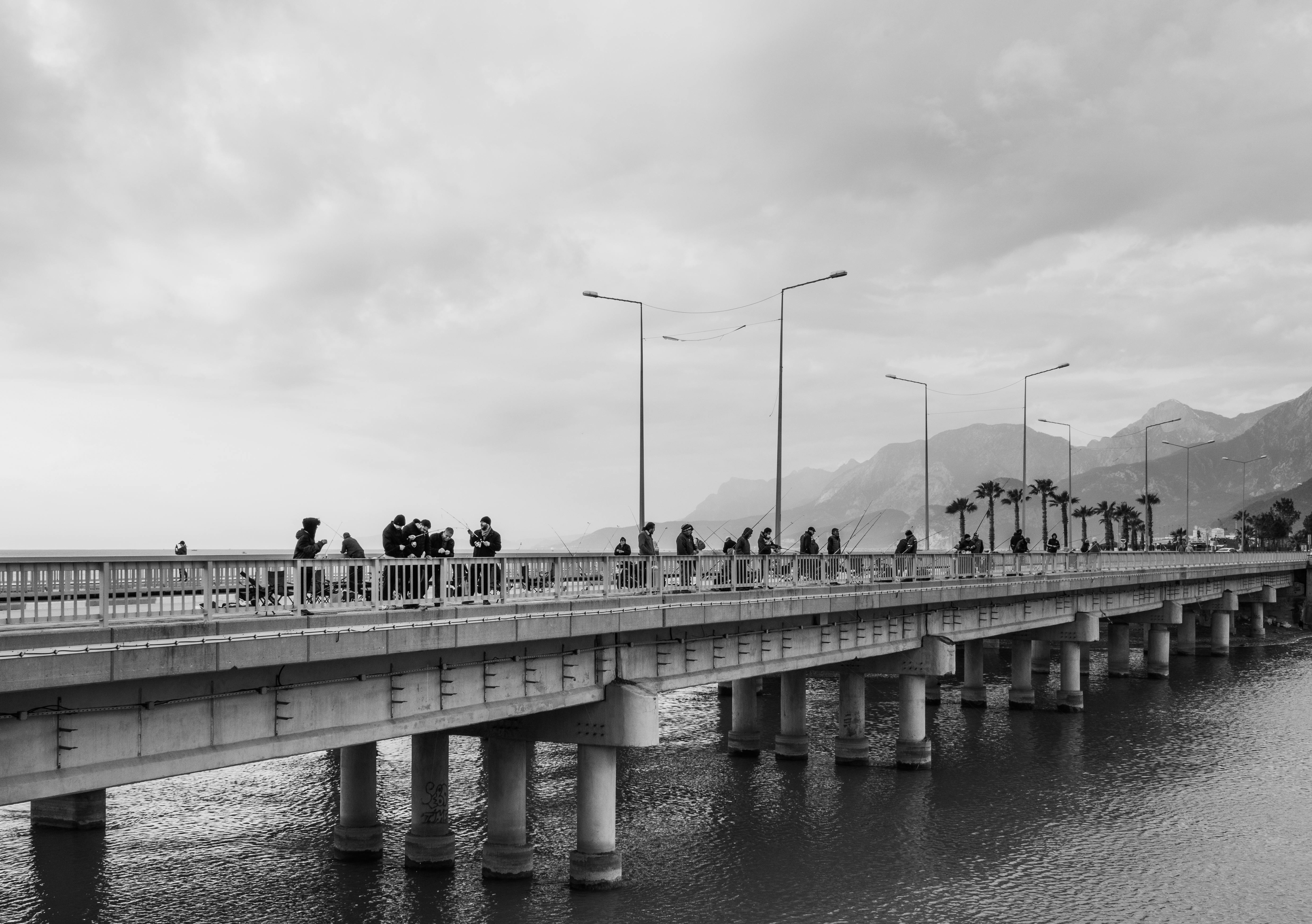 Grayscale Photo of Person Standing on Bridge · Free Stock Photo