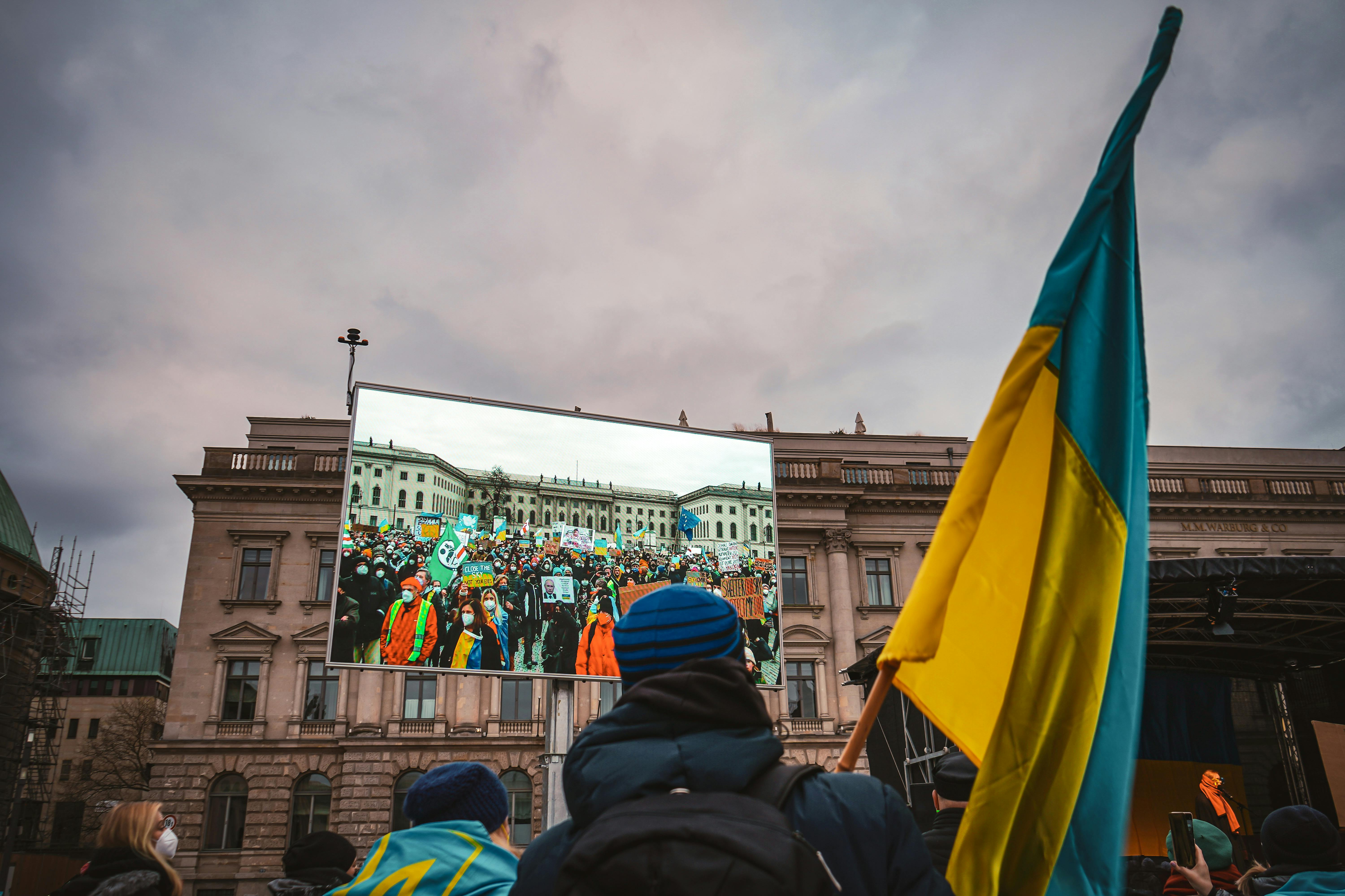 Blue and yellow Ukrainian Flag Waving Above Crowd of People · Free ...