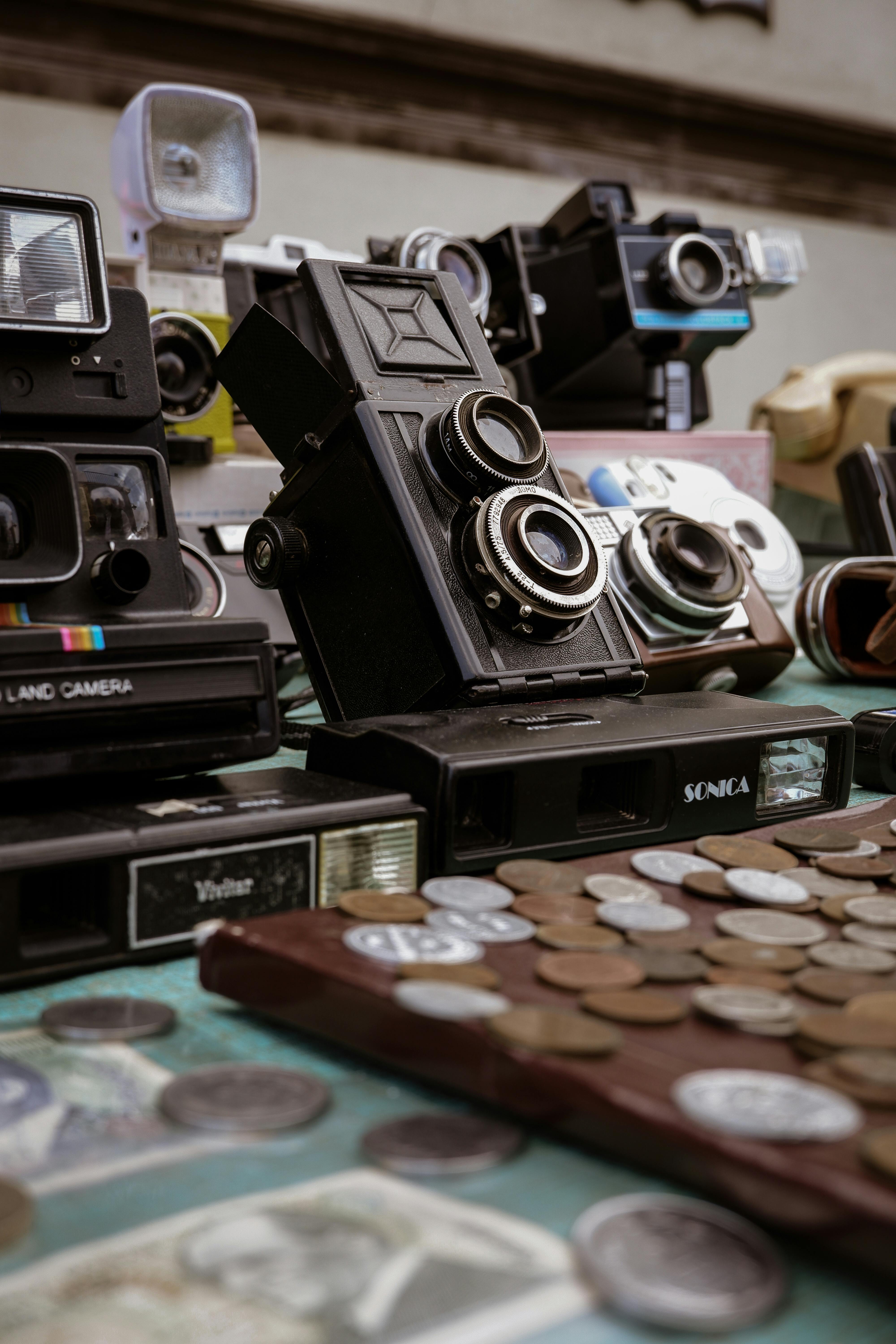 Retro Cameras on Stand · Free Stock Photo