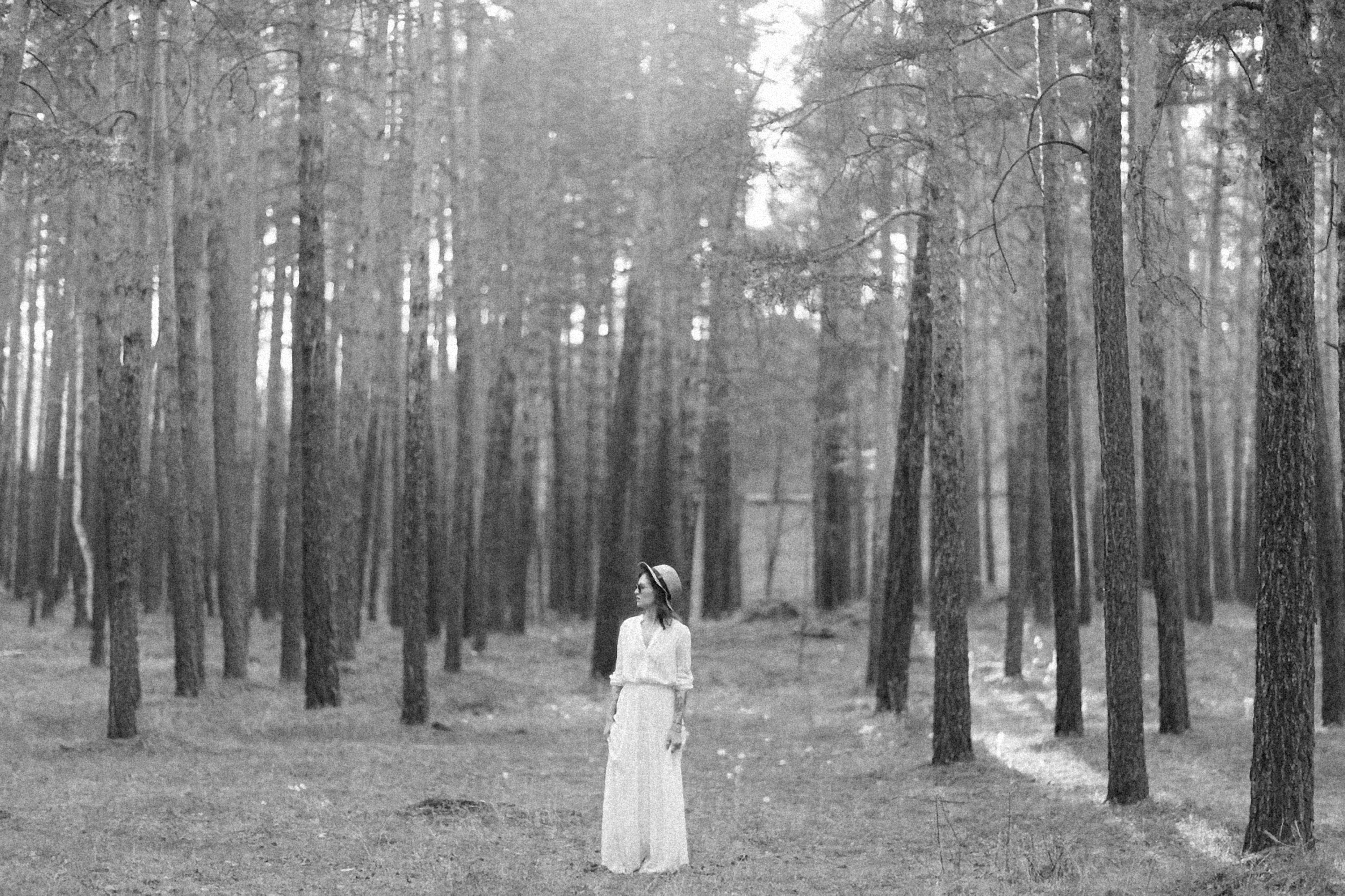 Person Standing among Trees in Forest in Black and White · Free Stock Photo