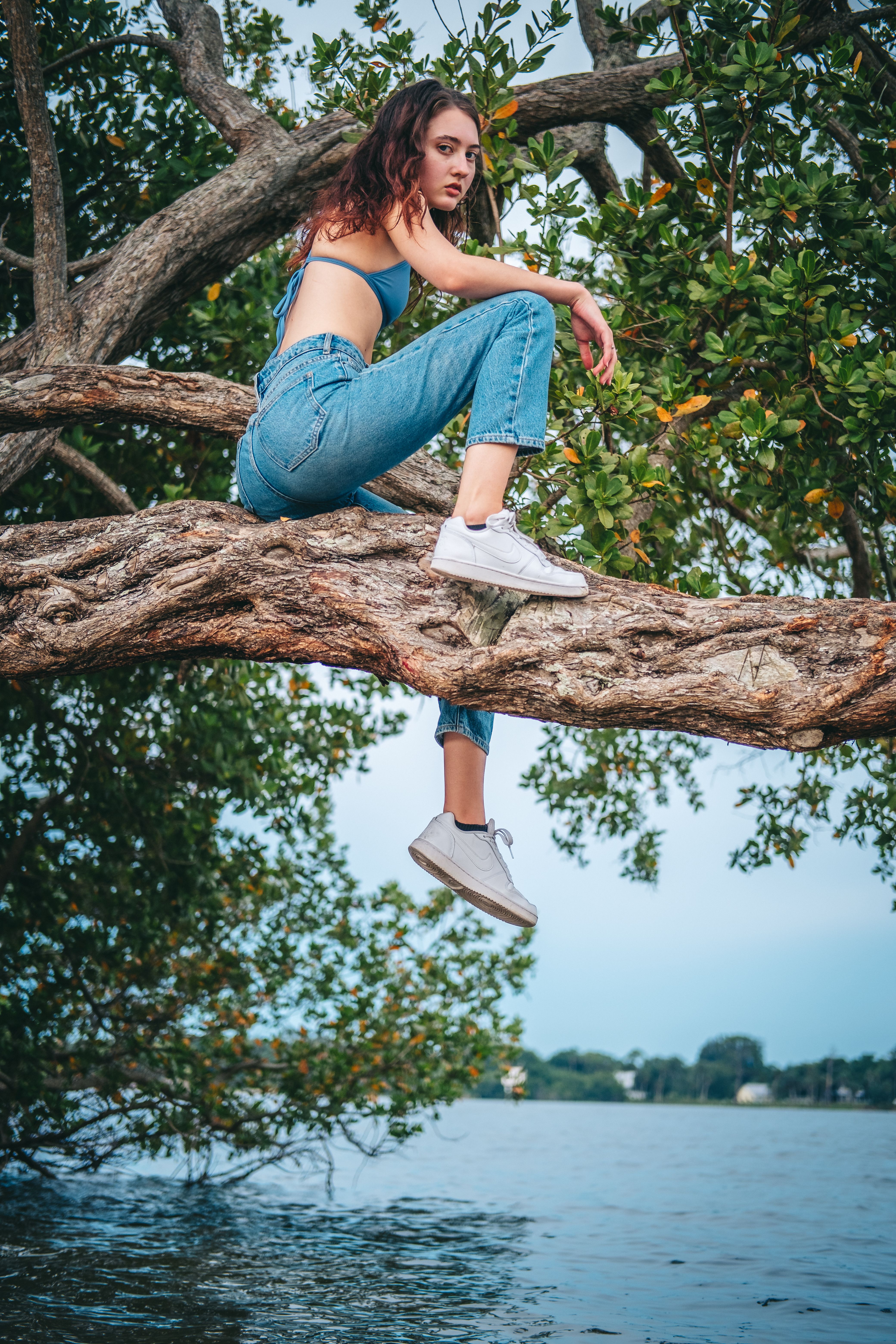 A Woman in Denim Jeans Sitting on a Tree Branch · Free Stock Photo