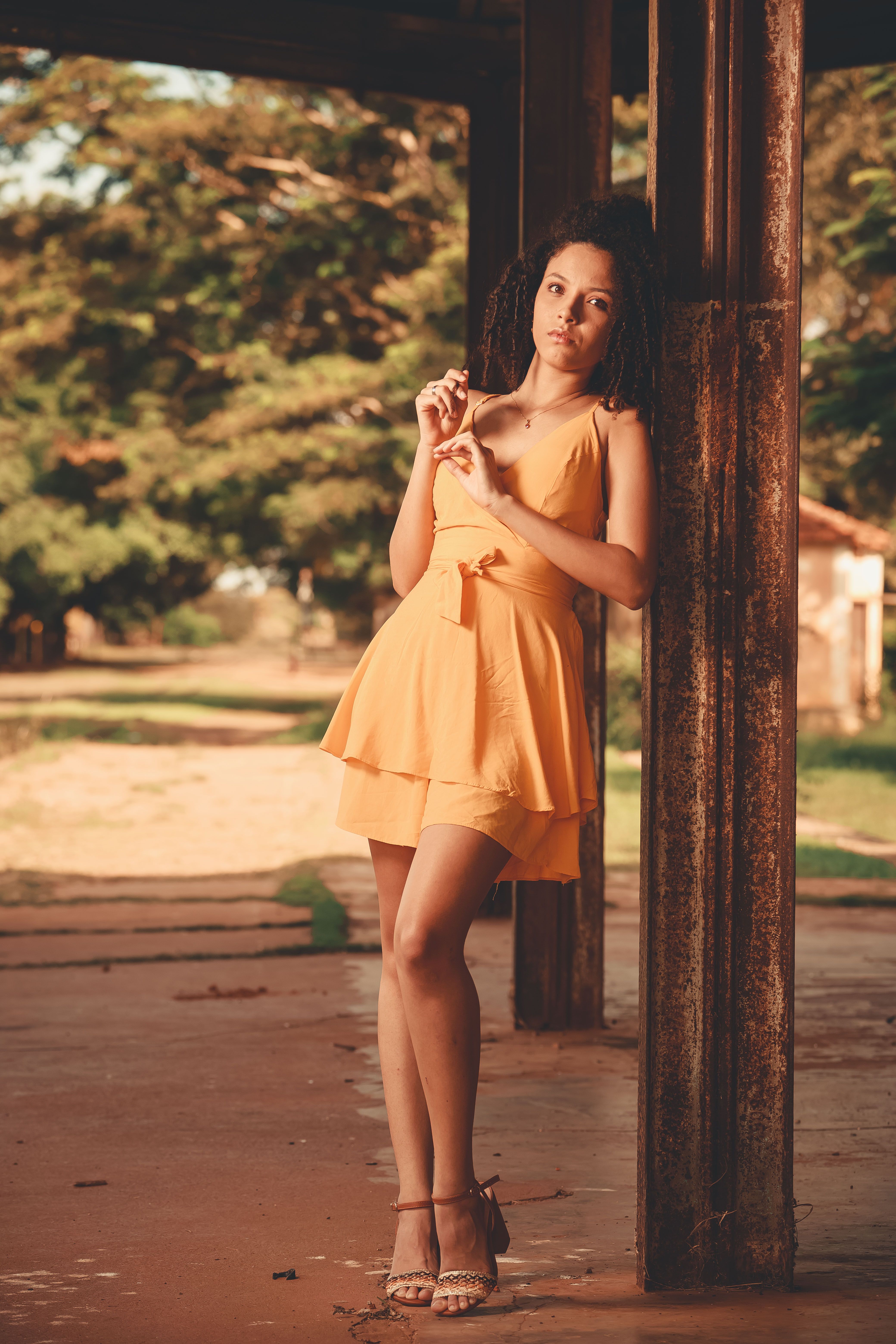 Beautiful Woman in Gold Dress Posing · Free Stock Photo