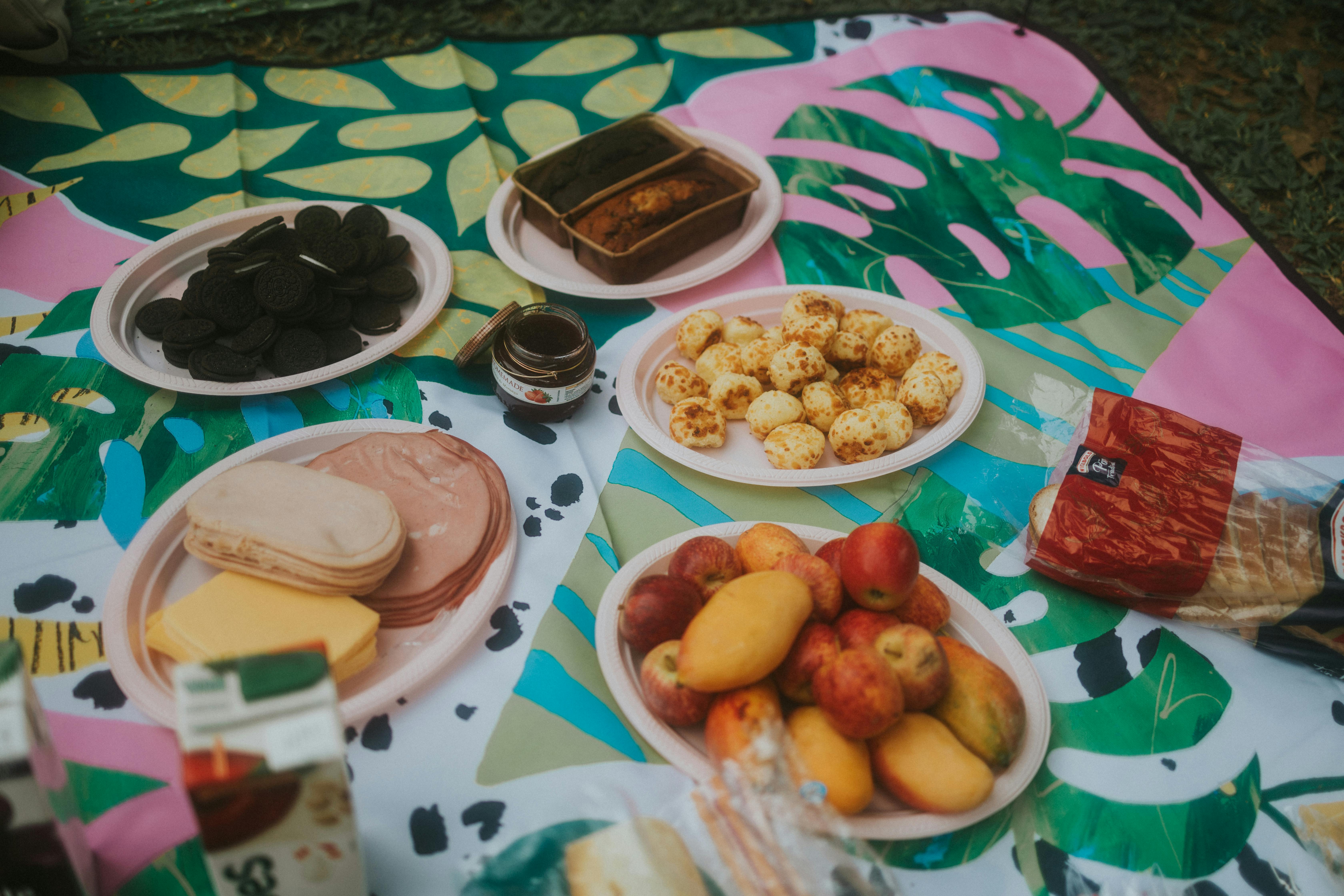 Picnic Food on a Blanket with Botanical Pattern · Free Stock Photo