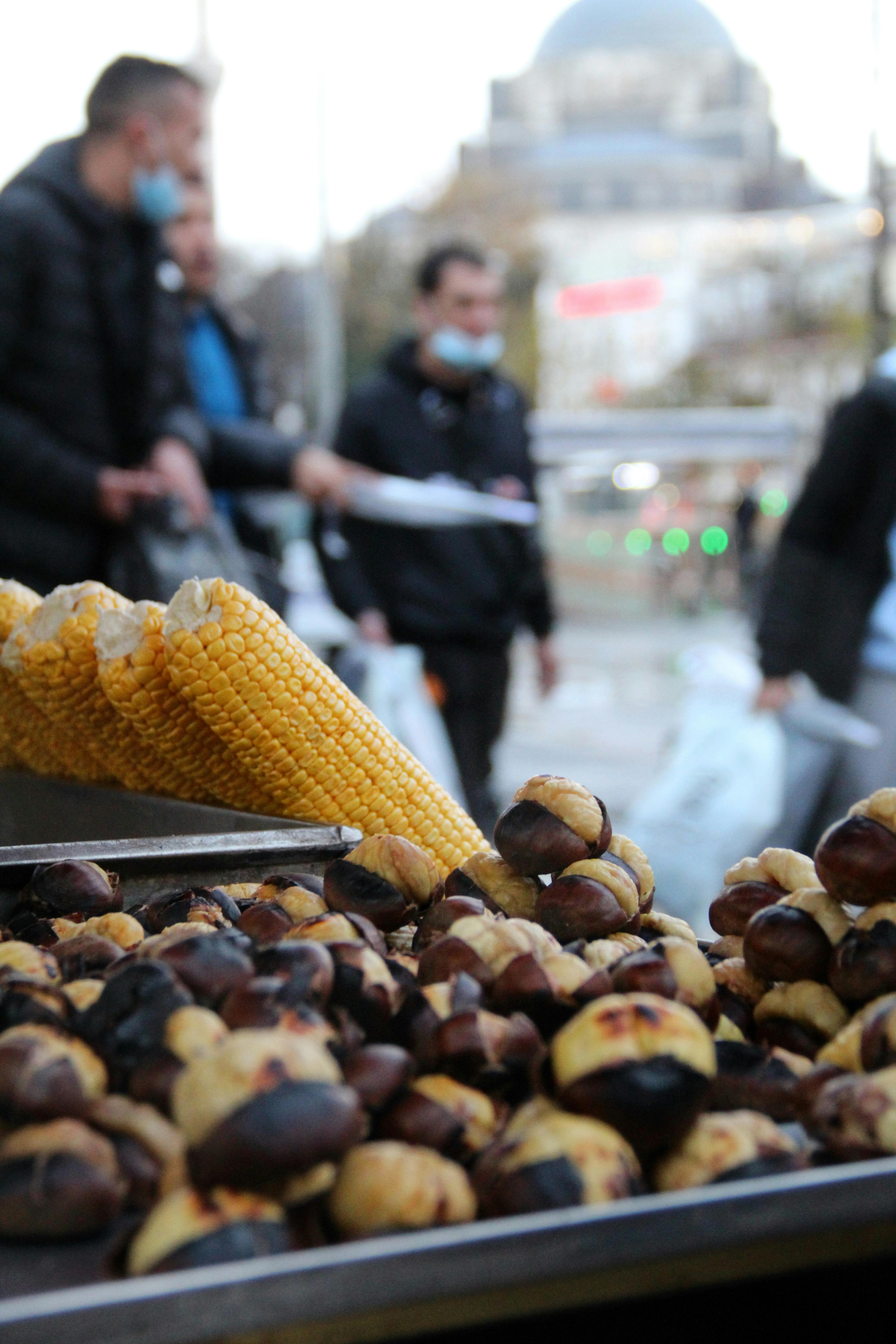 Roasted Chestnuts and Corn on the Cob at a Street Vendor Stall ...