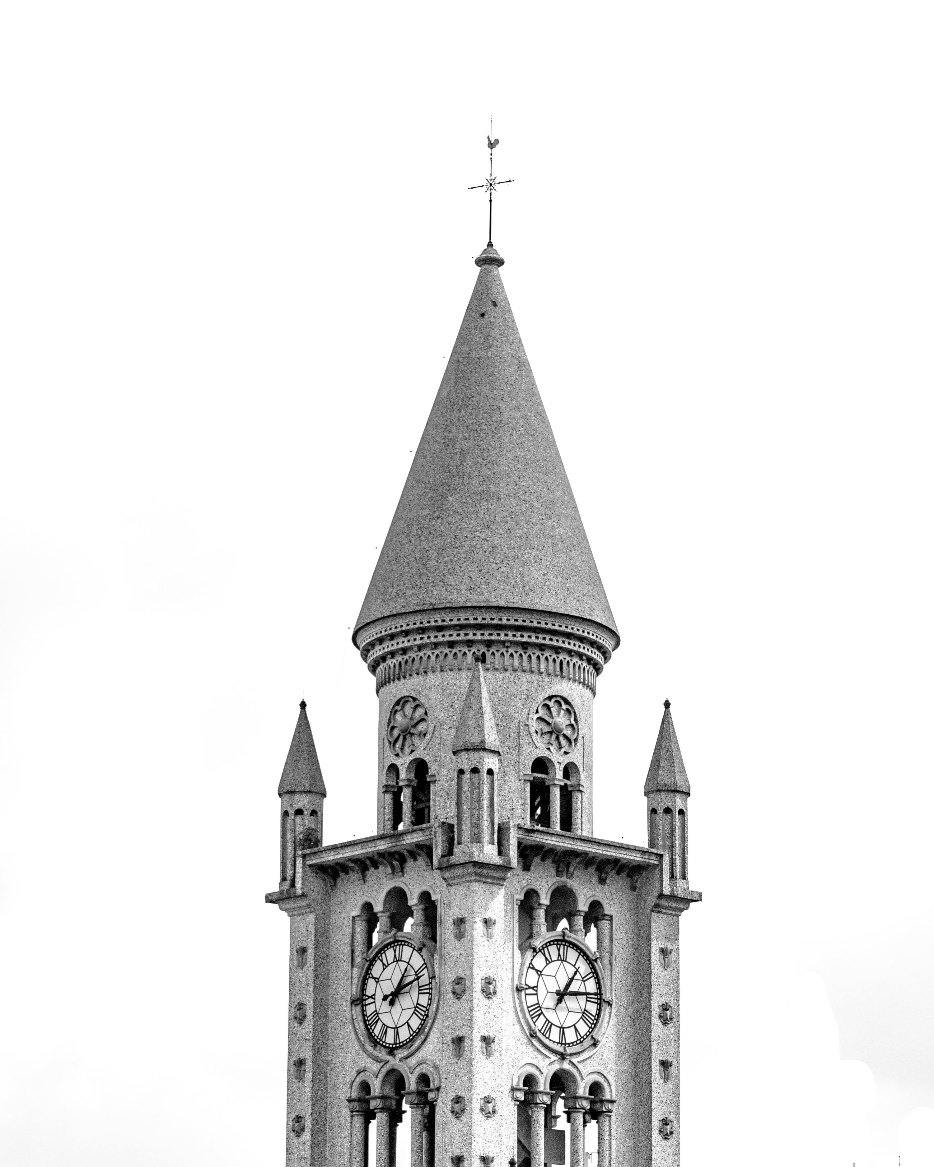 Grayscale Photo of a Clock on a Building · Free Stock Photo