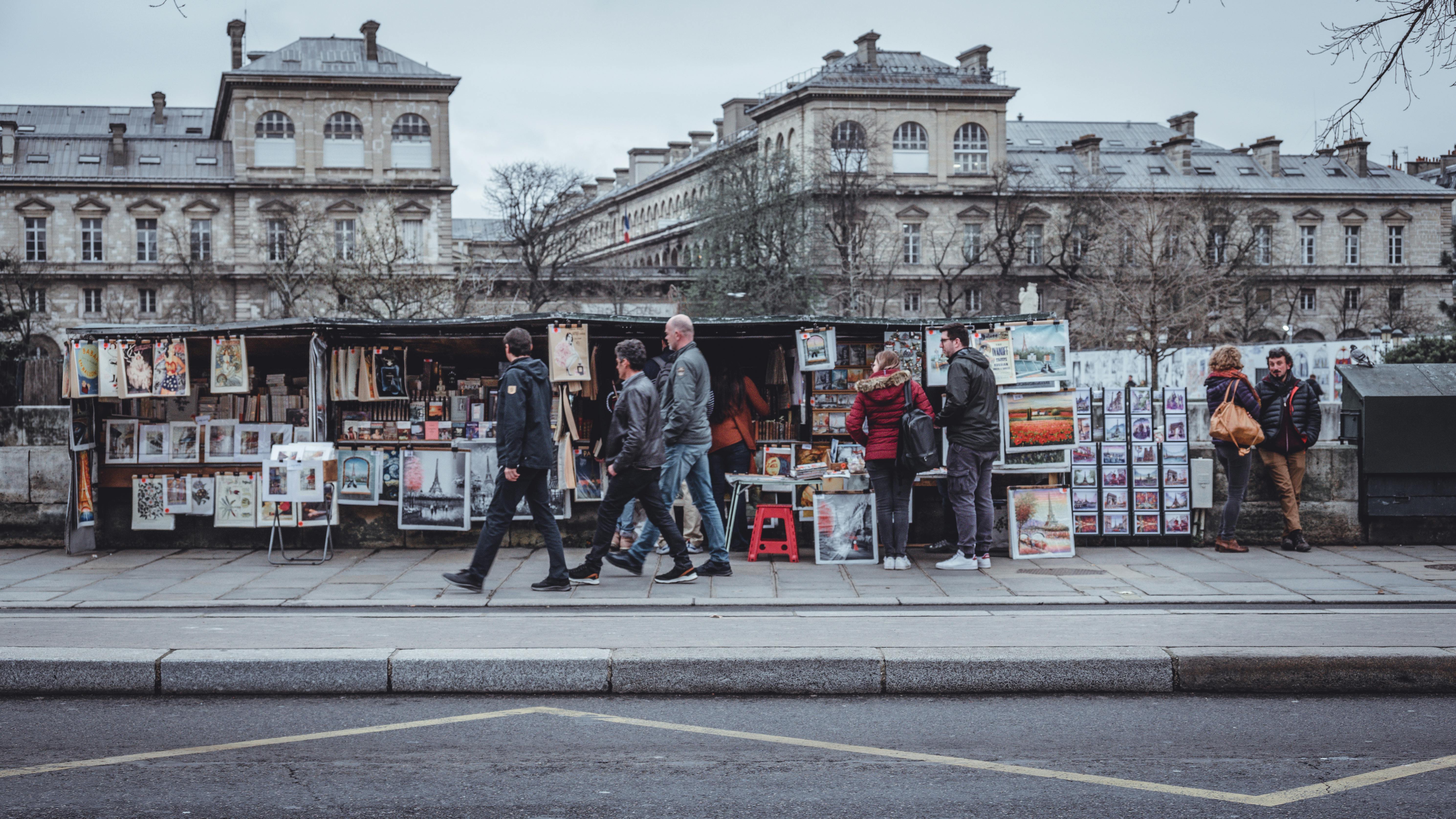 People Walking on Sidewalk with Stalls · Free Stock Photo