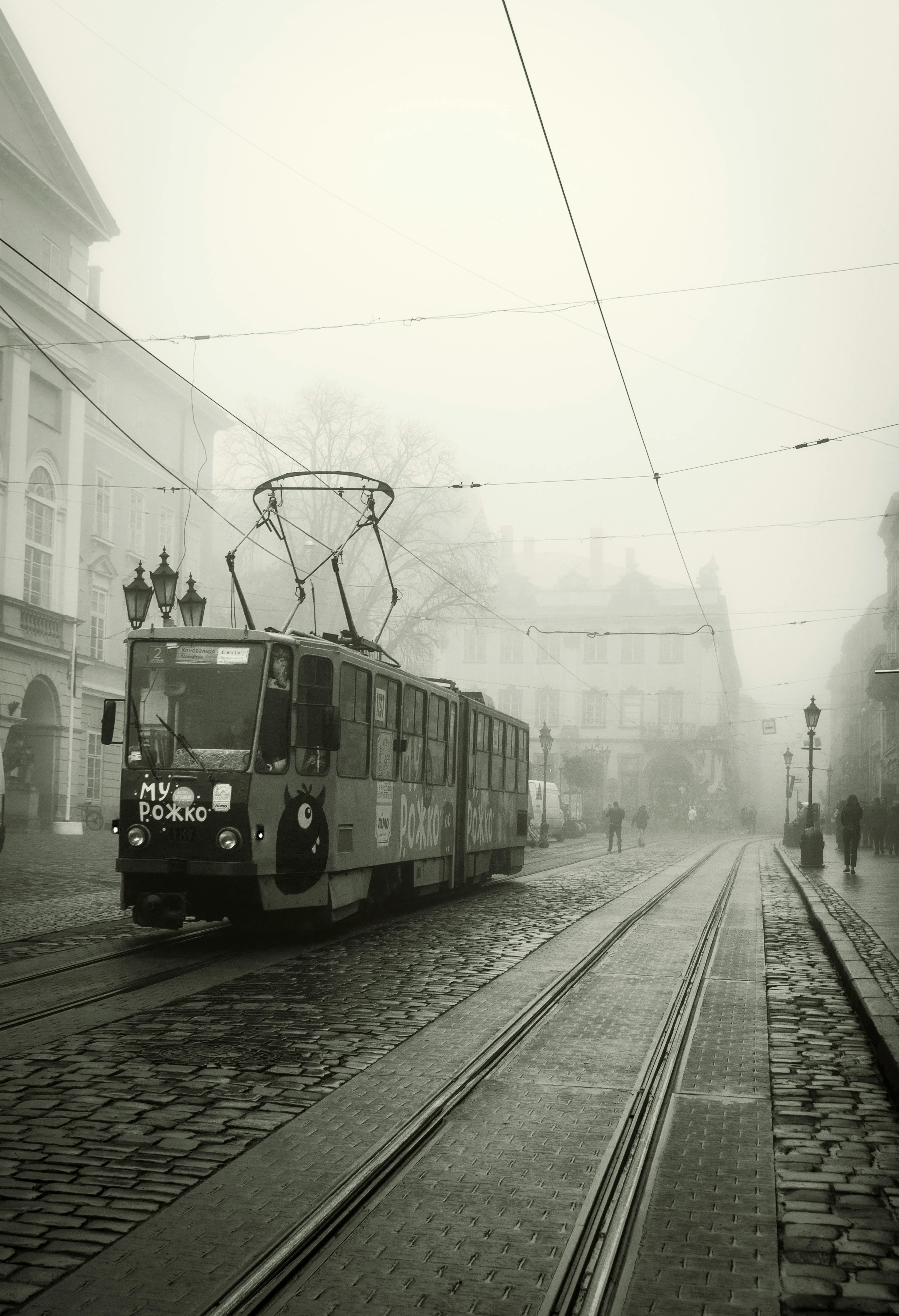 Black and White Photo Cable Car on City Street · Free Stock Photo