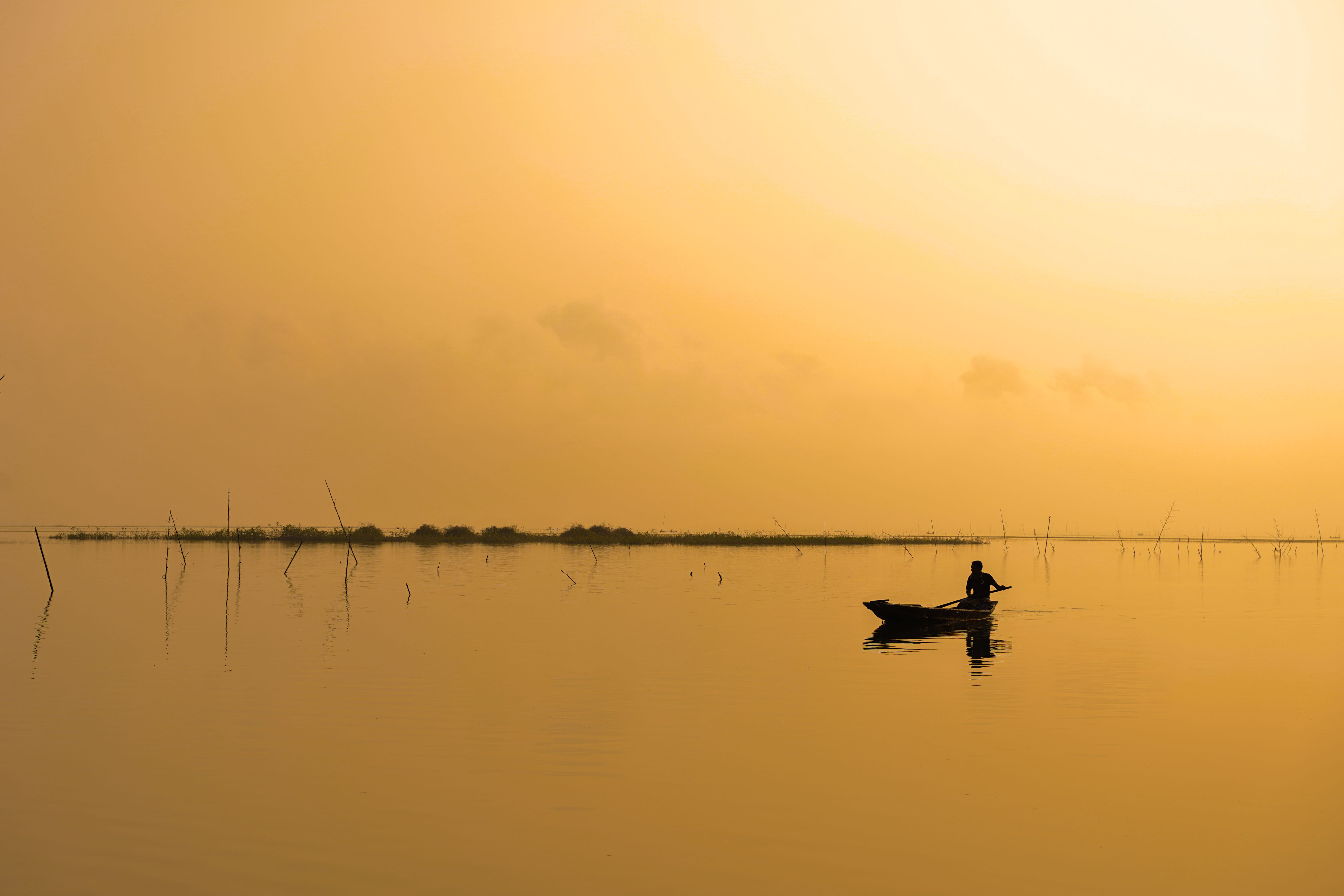 A Fisherman Rowing a Boat on the Lake · Free Stock Photo