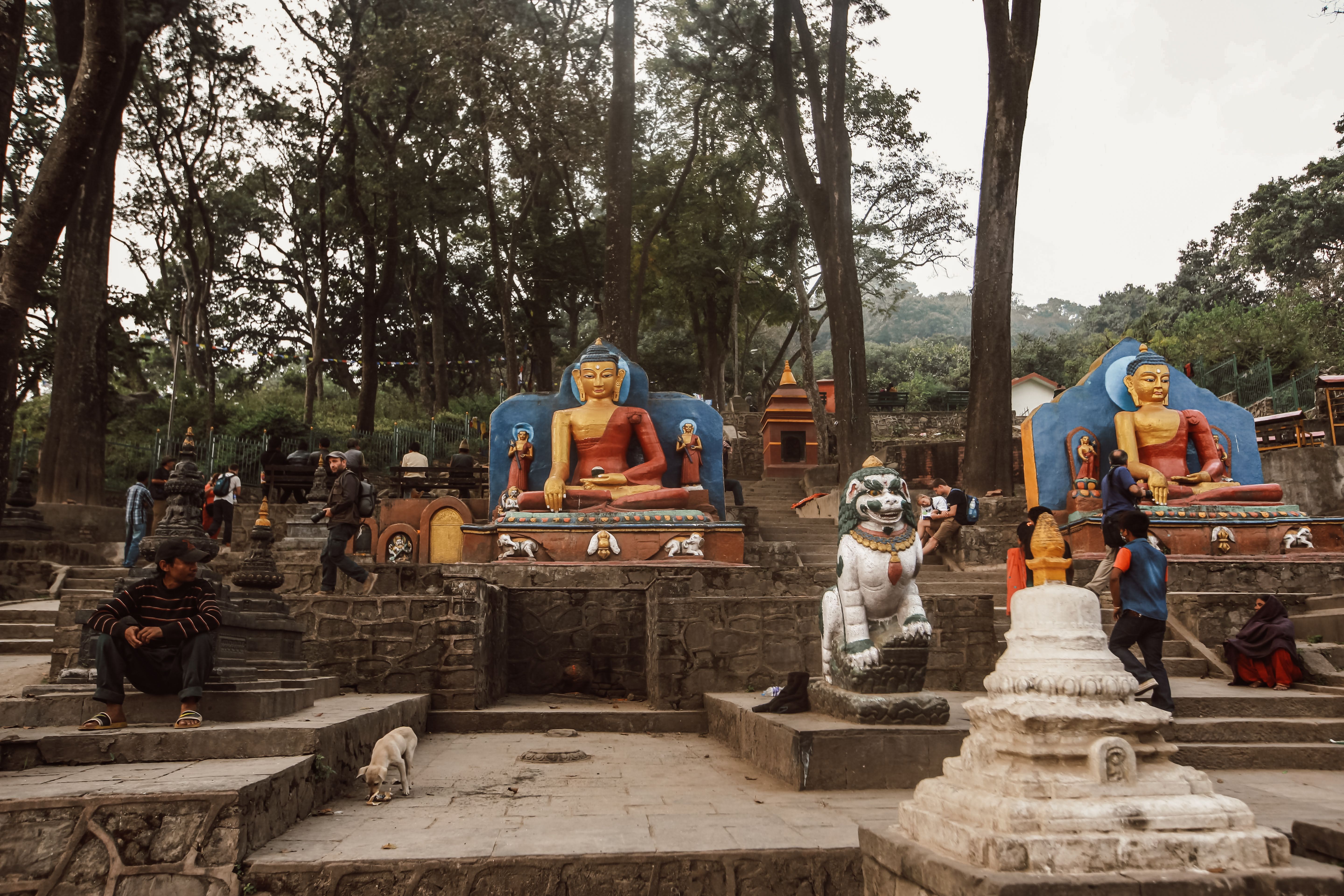 Woman Standing by Altar outside of Temple with Buddha Sculpture on Roof ...