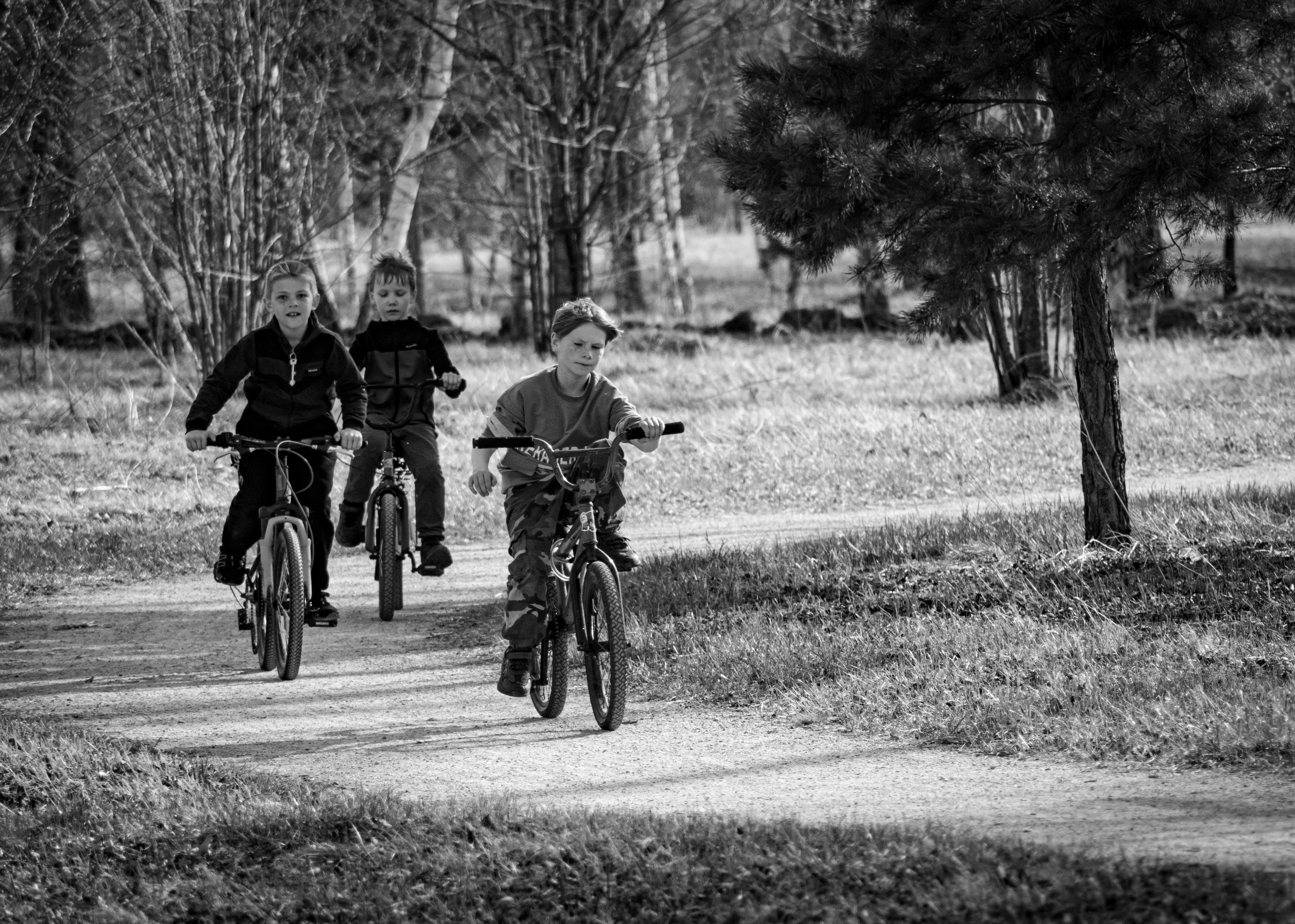 Grayscale Photography of Children Riding Bicycles · Free Stock Photo