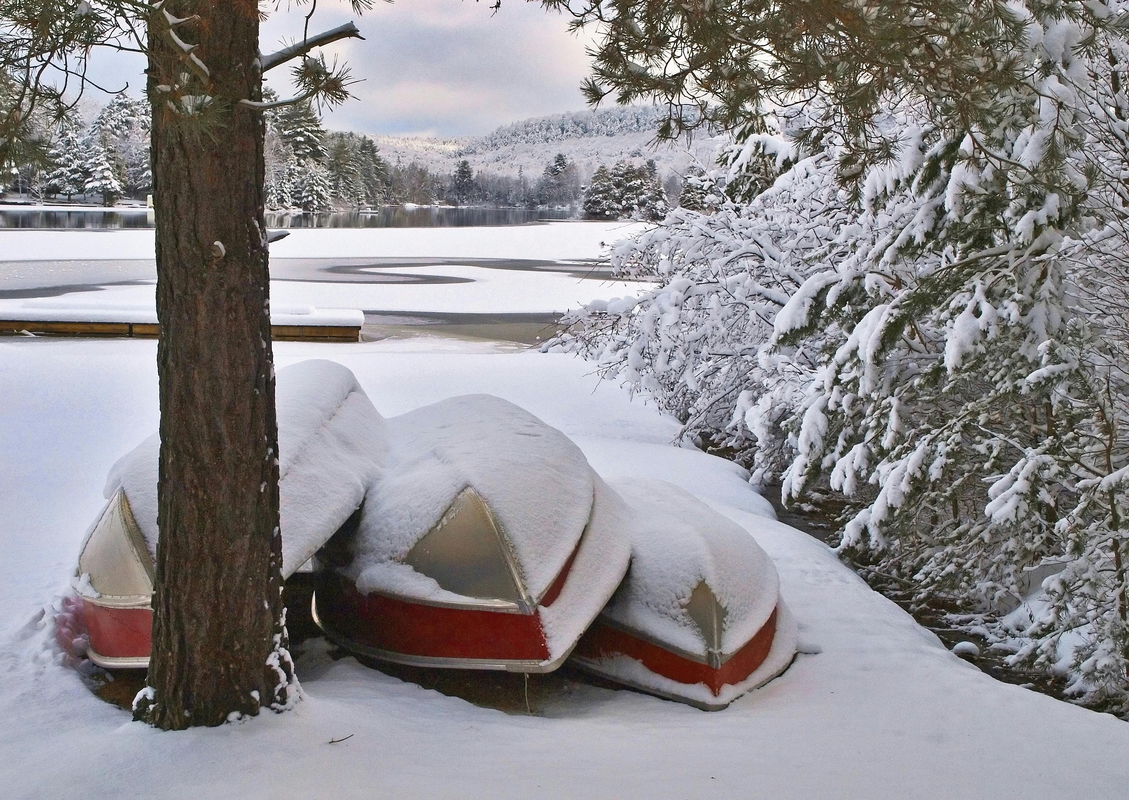 Boats on the Lakeshore Covered in Snow · Free Stock Photo