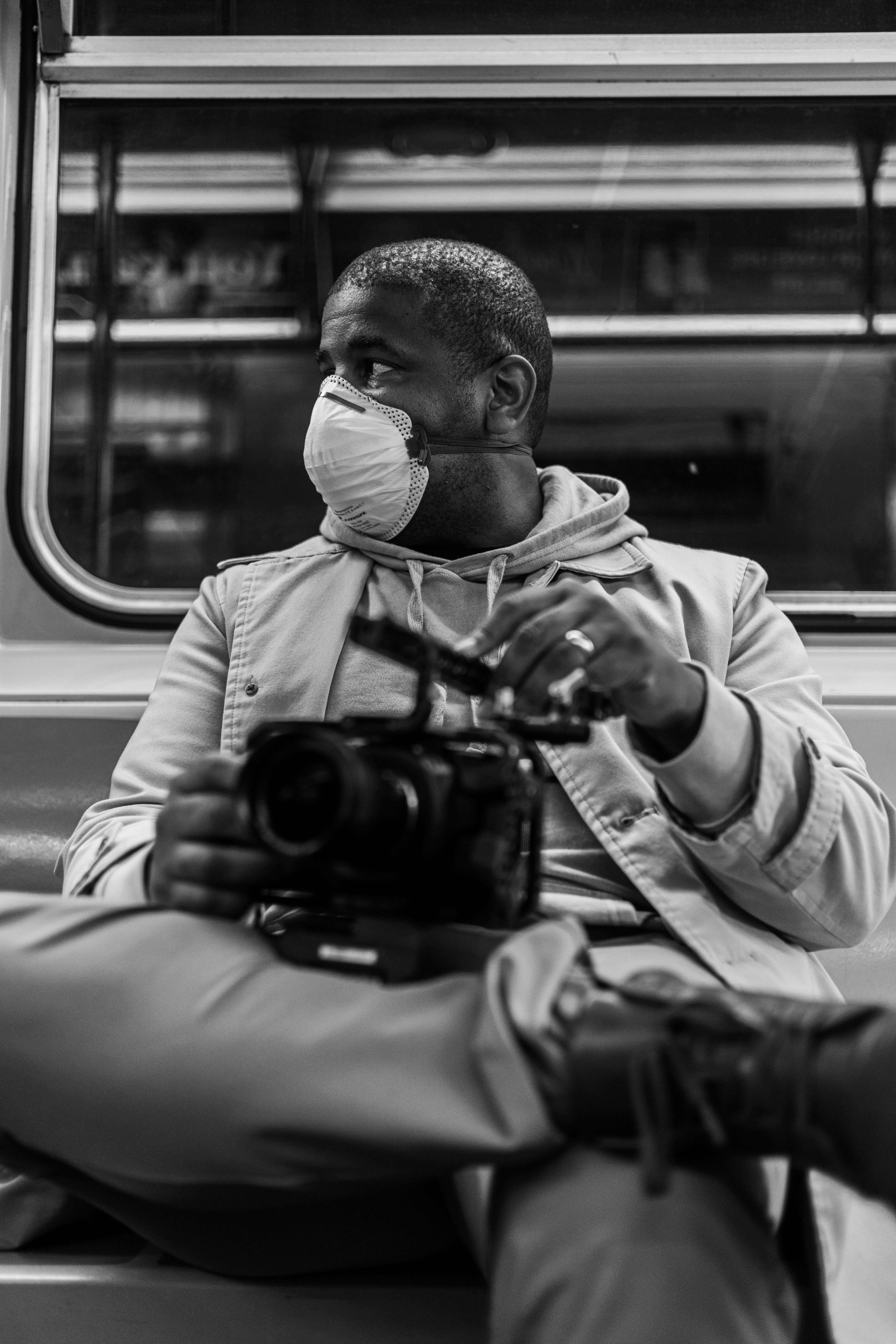 Grayscale Photo of a Man Wearing His Face Mask while Holding a Camera ...