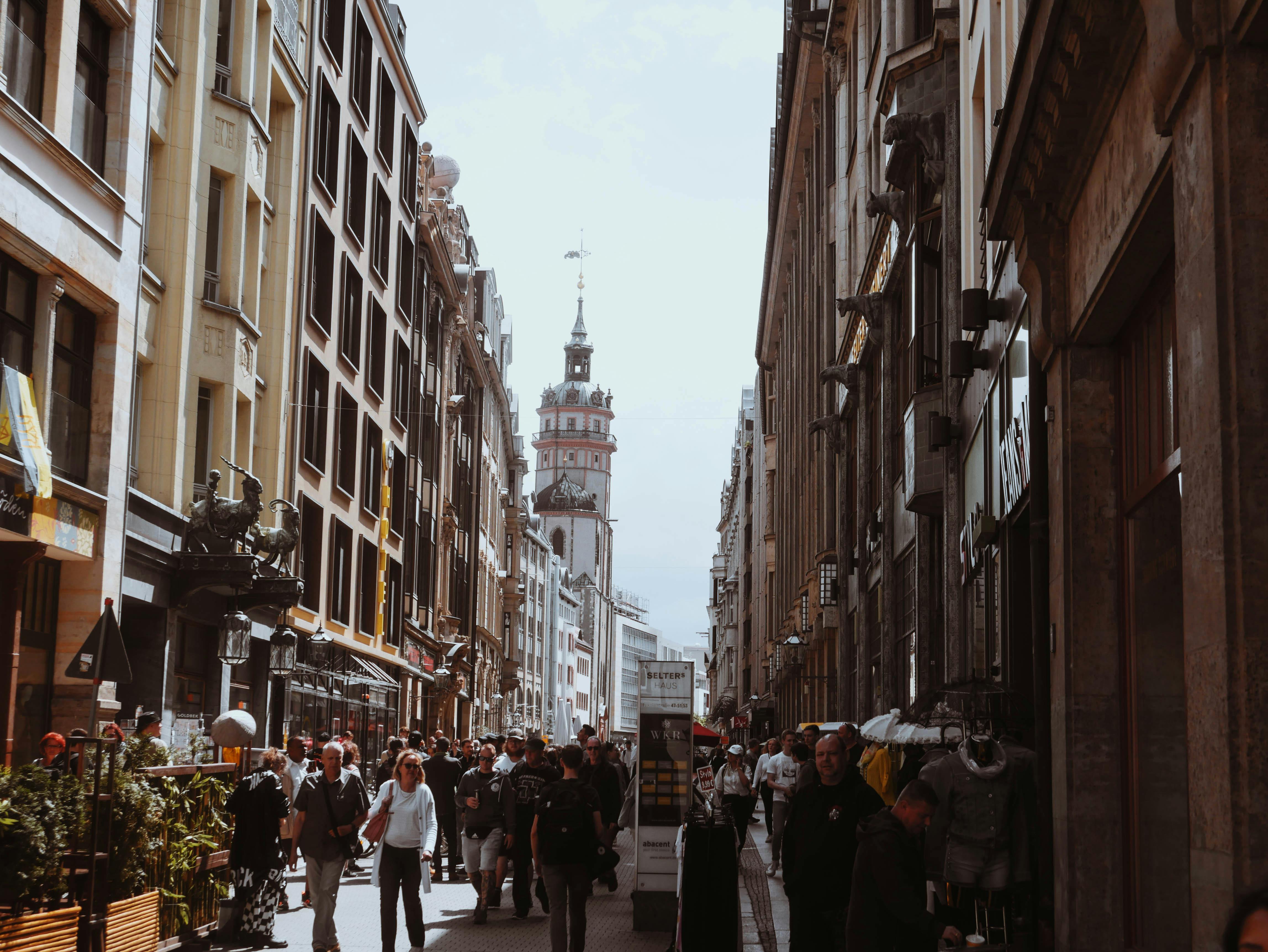 Busy Leipzig Old Town Street with the View of St. Nicholas Church ...