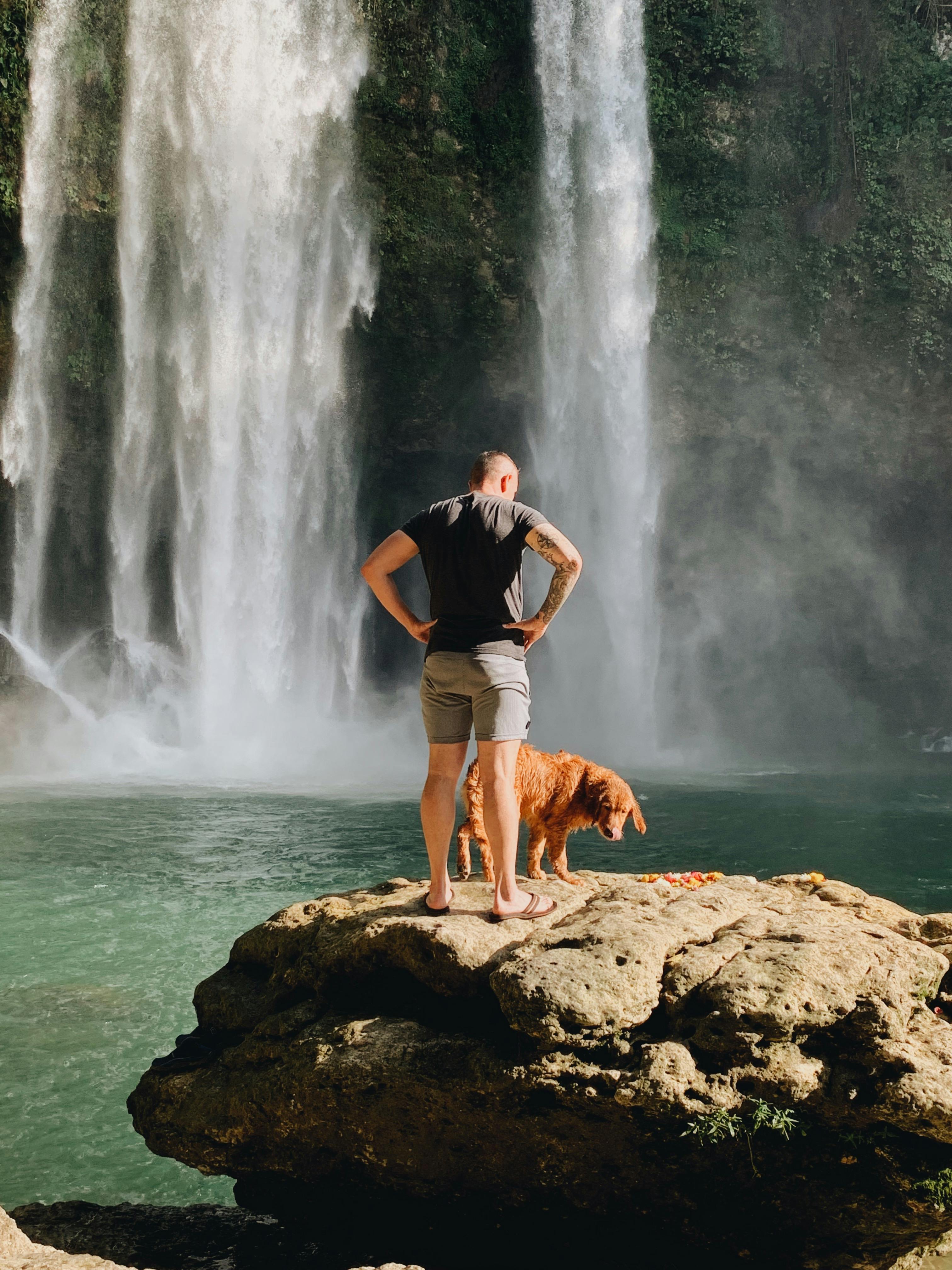 A Man Standing on Brown Rock with His Dog · Free Stock Photo