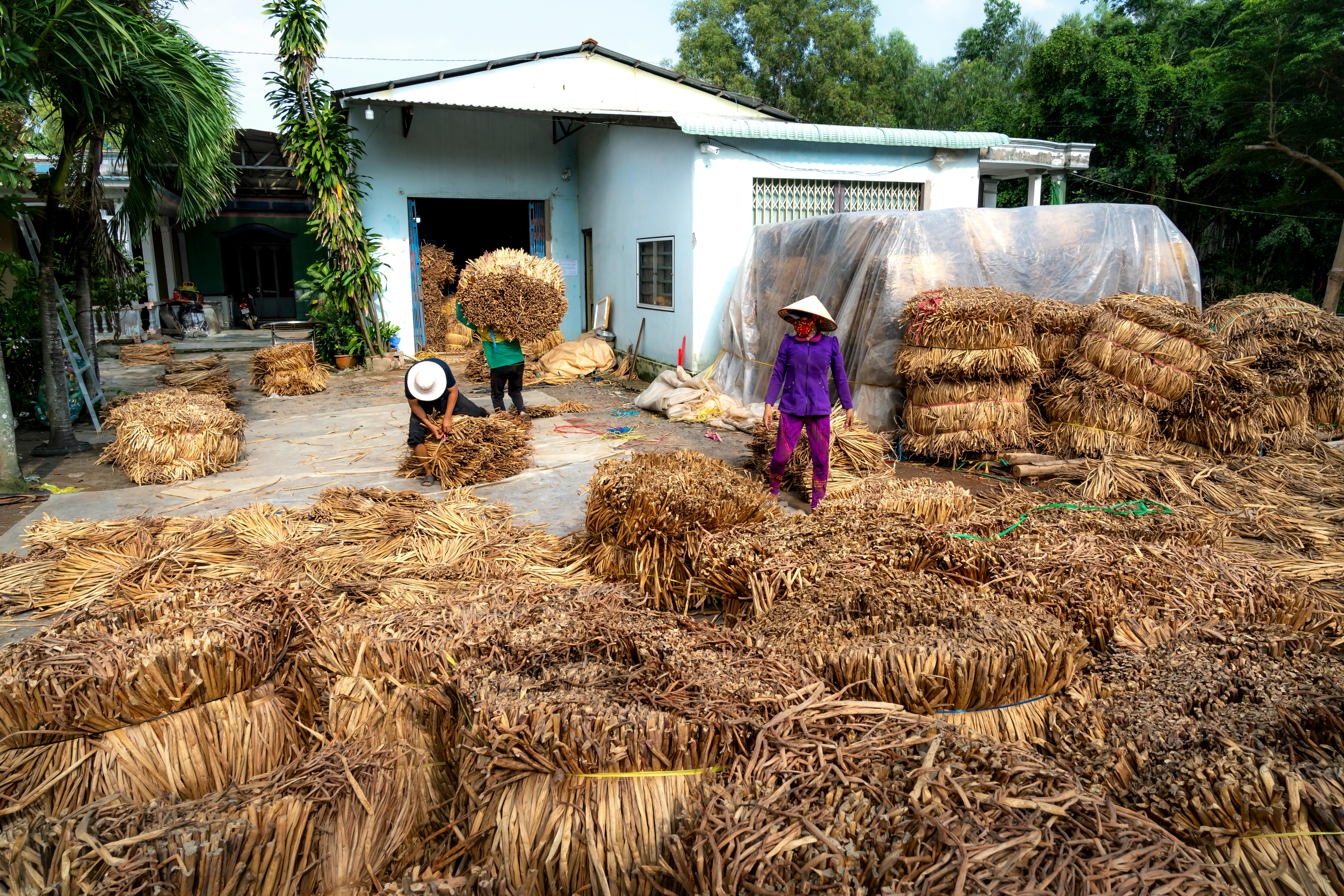 Men Working with Hay Bundles in Village · Free Stock Photo