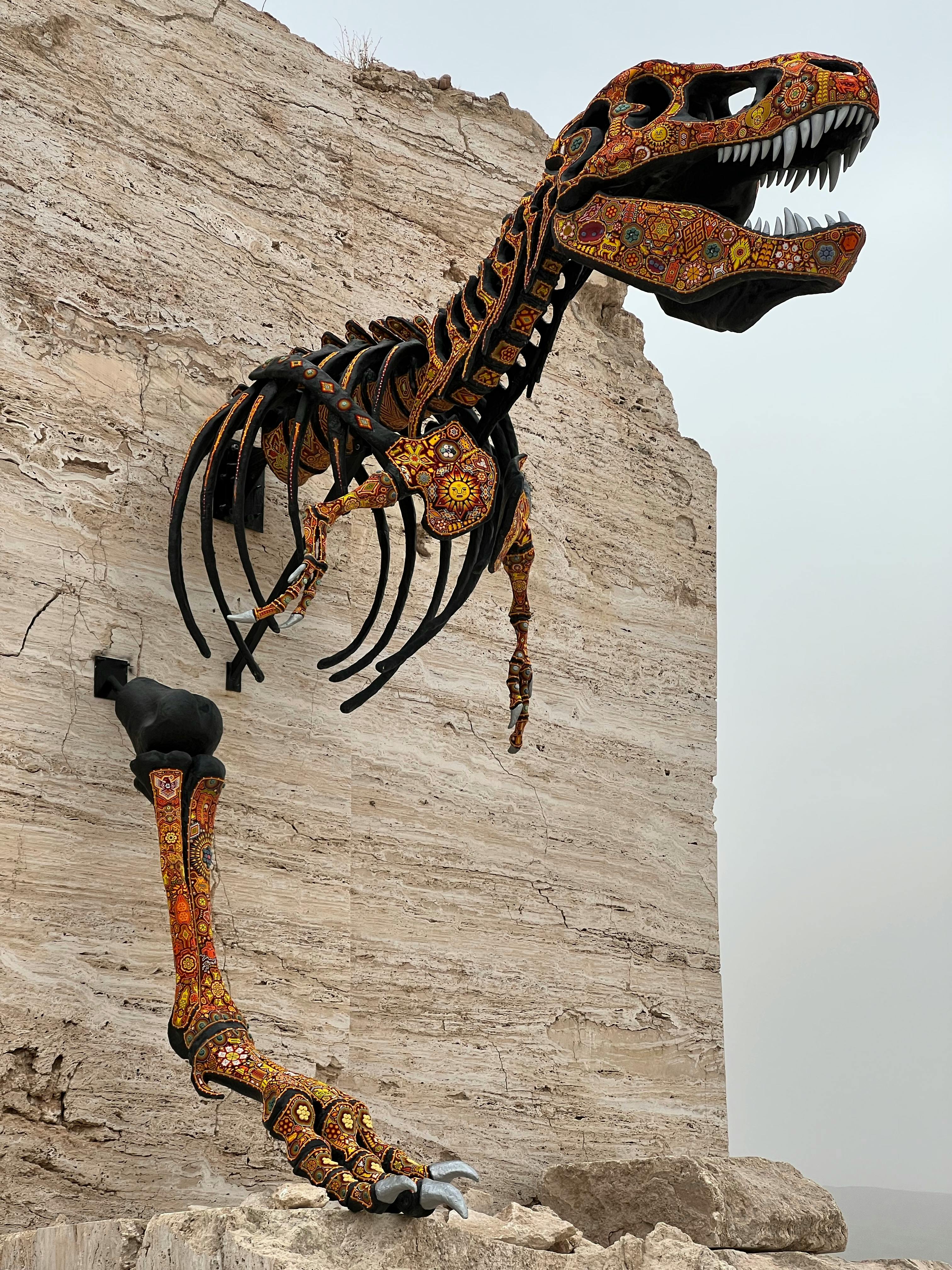 A Skeleton Statue of Dinosaur Mount on Brown Wall · Free Stock Photo